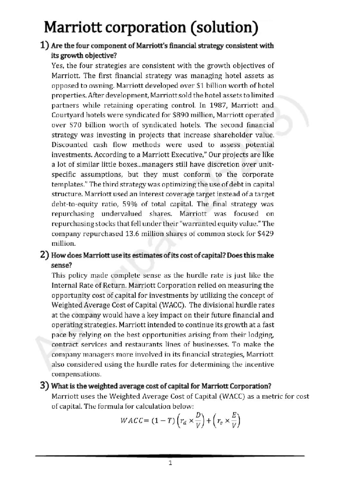 21 - Case Study-1 (Marriott) - Marriott corporation (solution) 1) Are the four component of ...
