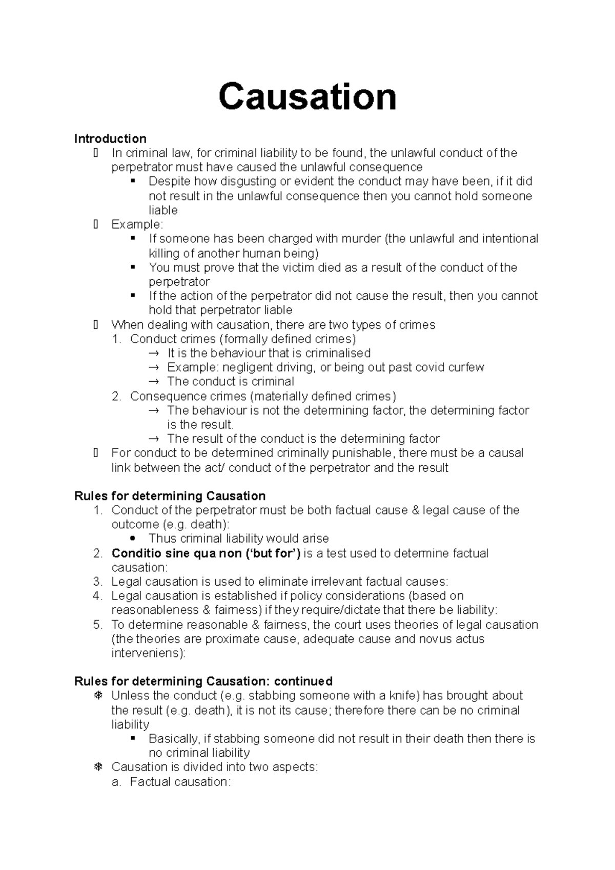 Causation work content - Causation Introduction a In criminal law, for ...