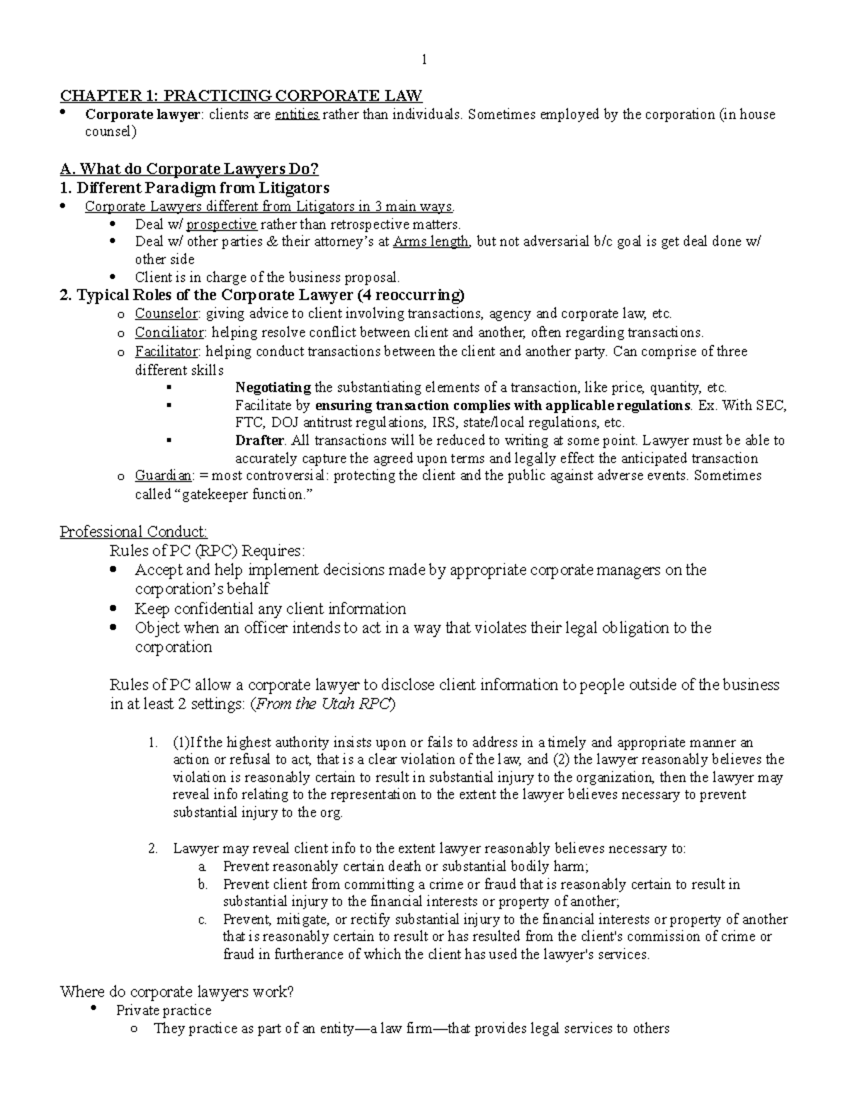 Business Entities Outline; Castro TTU - CHAPTER 1: PRACTICING CORPORATE ...