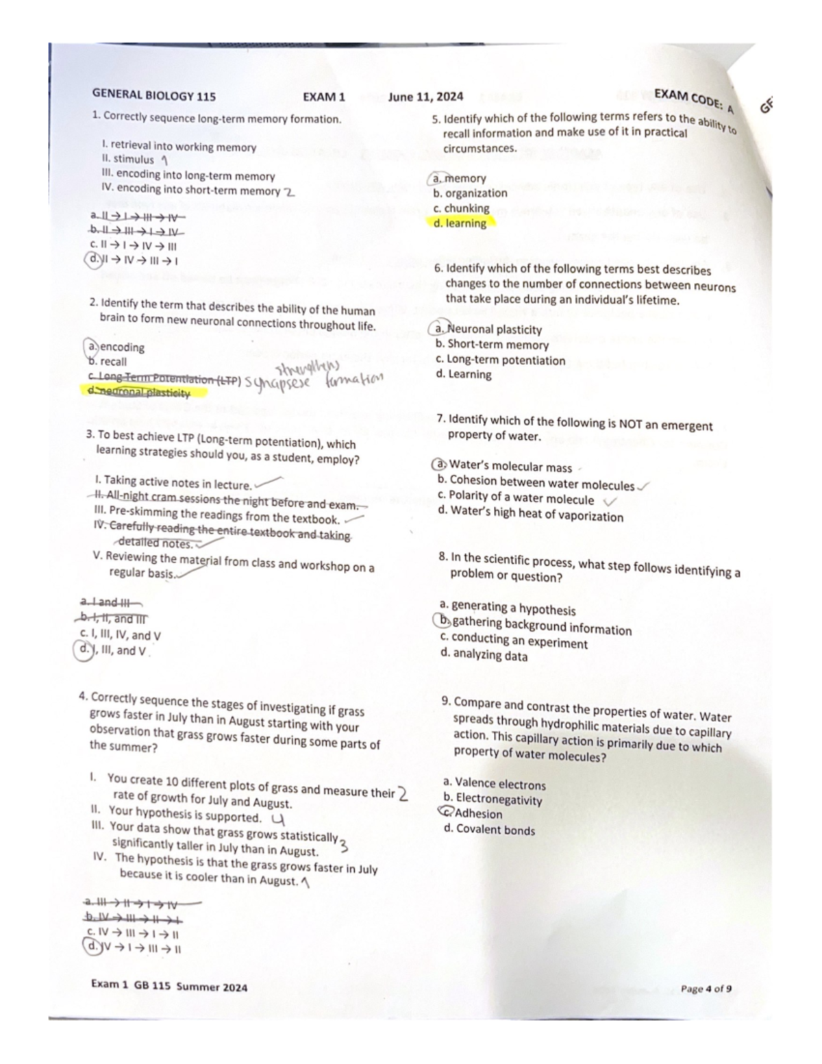 Gen Bio Practice Test - GENERAL BIOLOGY 115 EXAM 1 June 11, 2024 EXAM ...