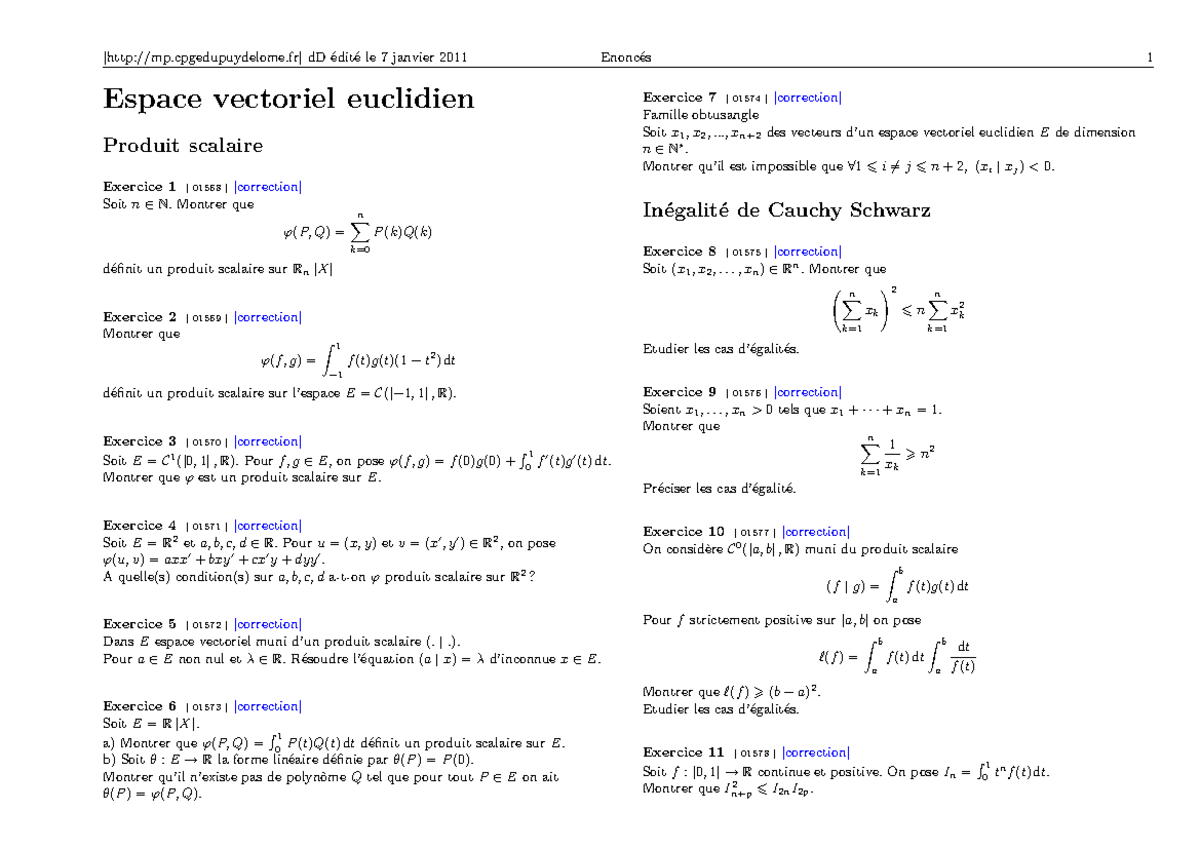 Espace vectoriel euclidien Produit scala - [mp.cpgedupuydelome] dD ...
