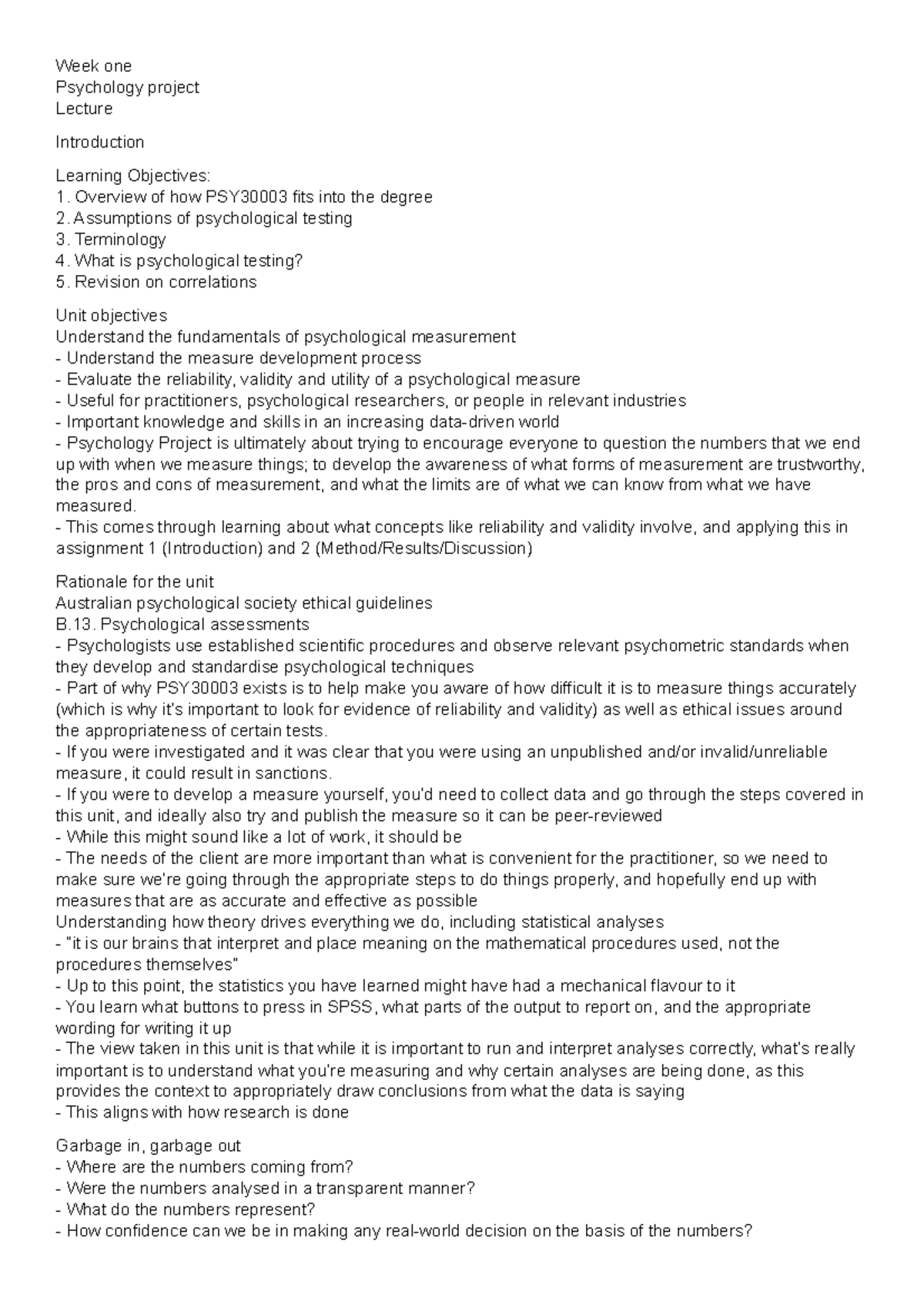 Introduction- Week one- Psychology project - Week one Psychology ...