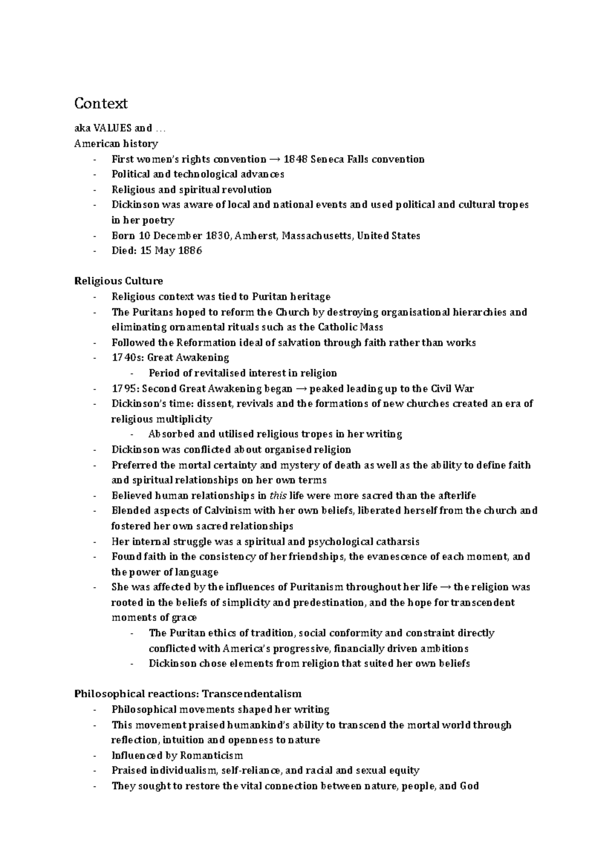 Dickinson Notes - n/a - Context aka VALUES and ... American history ...