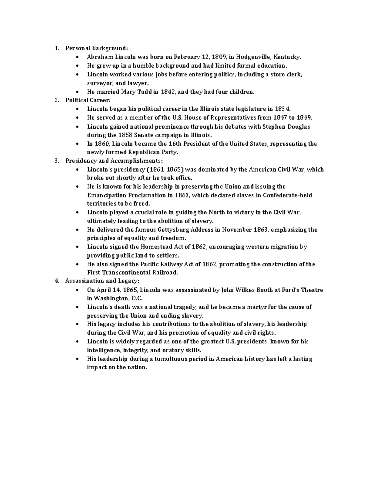 Abraham Lincoln Notes - Personal Background: Abraham Lincoln was born ...