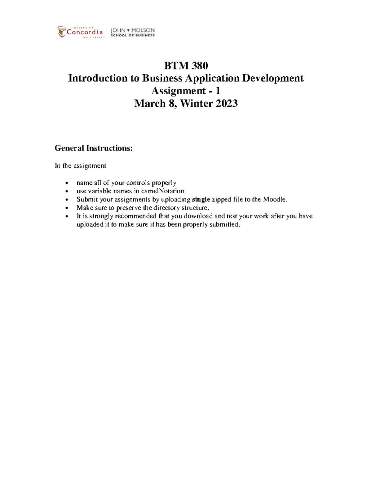 Assignment 1 - BTM 380 Introduction to Business Application Development ...