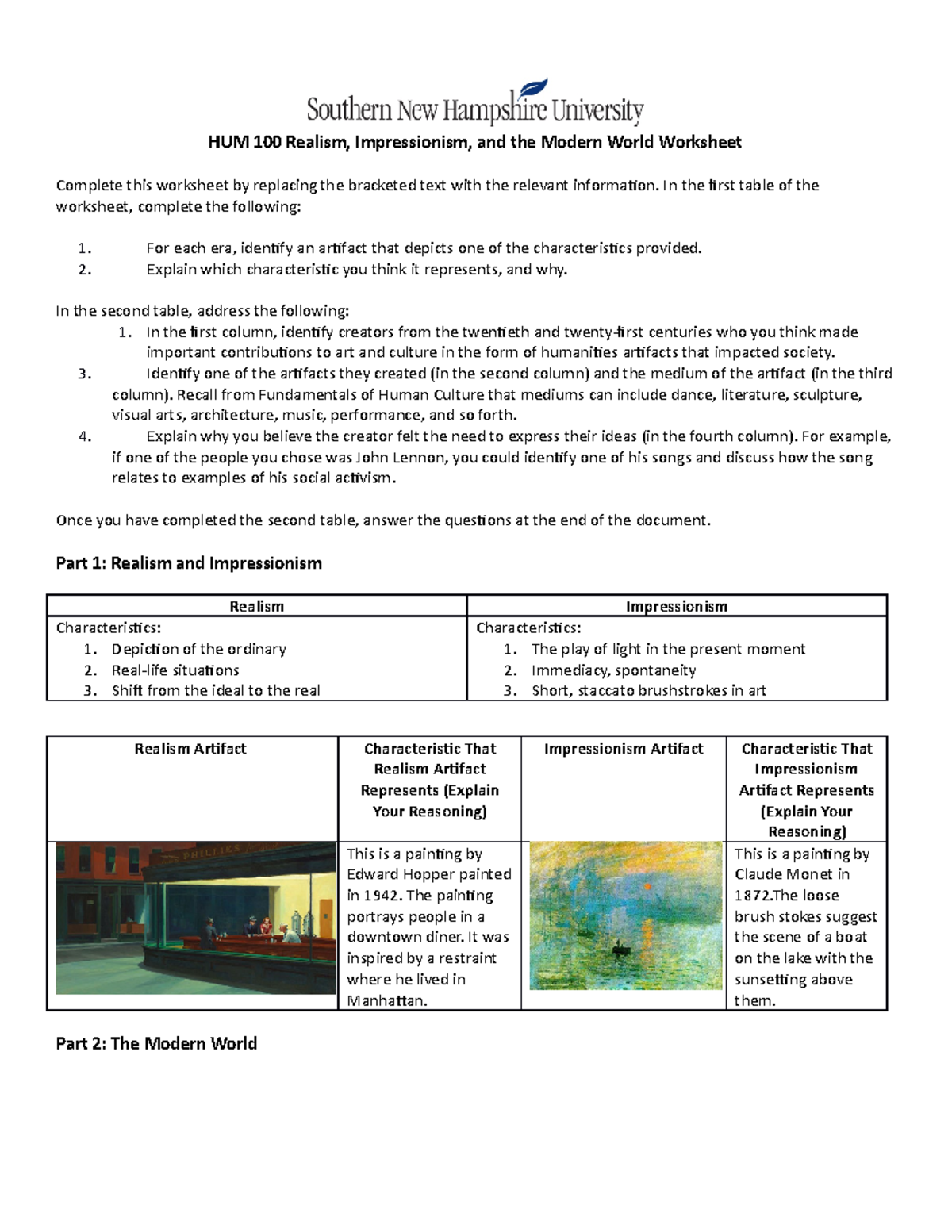 HUM 100 Samantha Pruitt Realism Impressionism and the Modern World ...