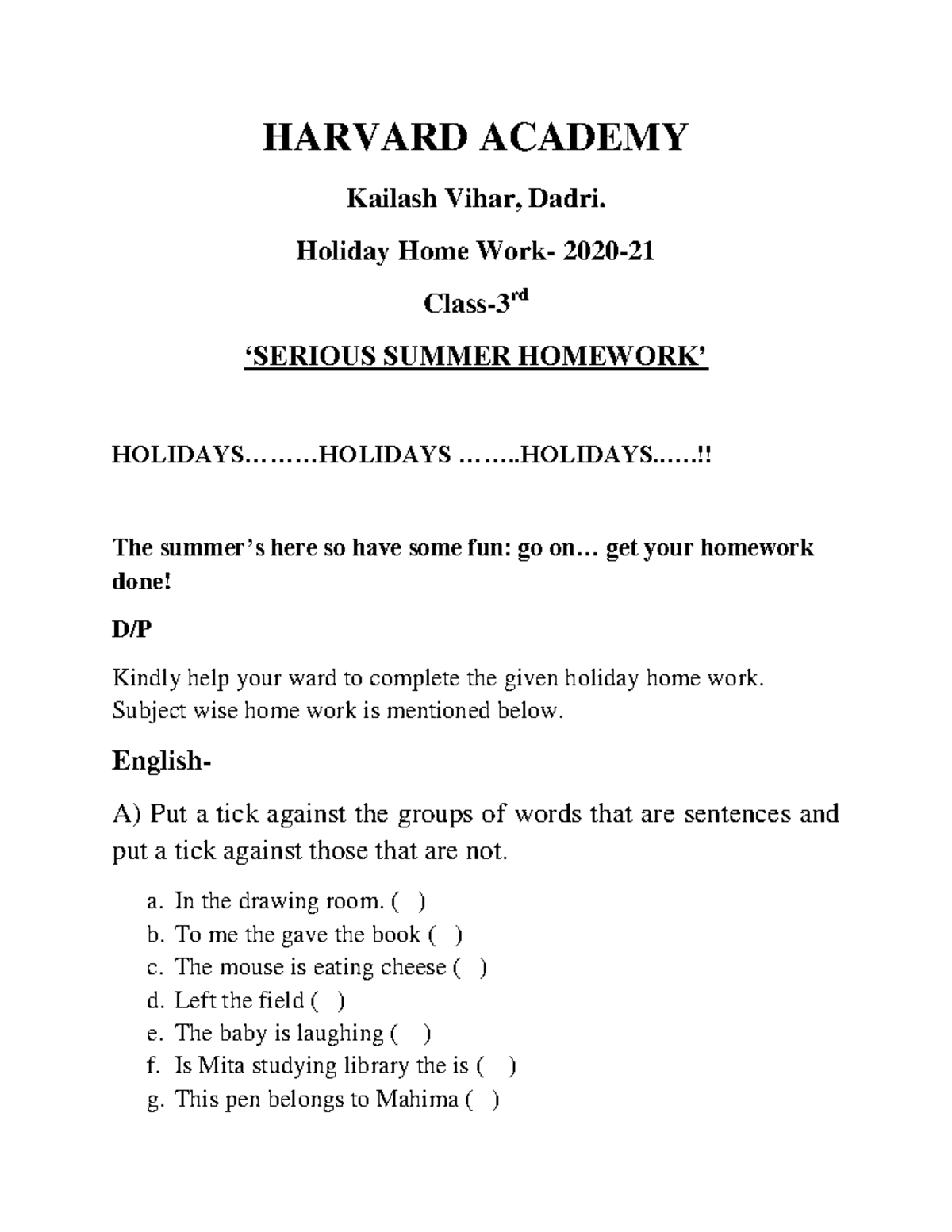 HA Class 3RD PDF - Ddfv - HARVARD ACADEMY Kailash Vihar, Dadri. Holiday ...