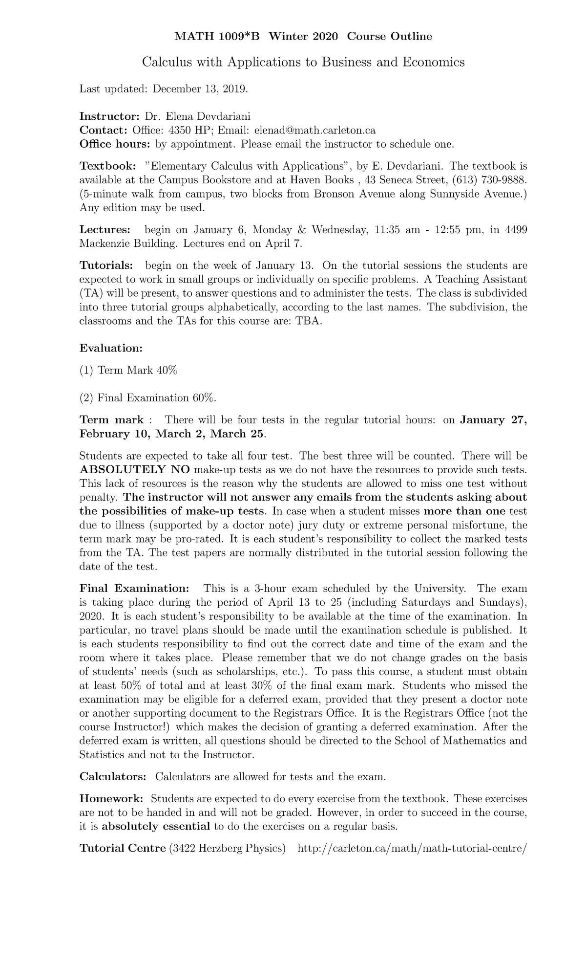 MATH 1009 Carleton University - MATH 1009*B Winter 2020 Course Outline ...