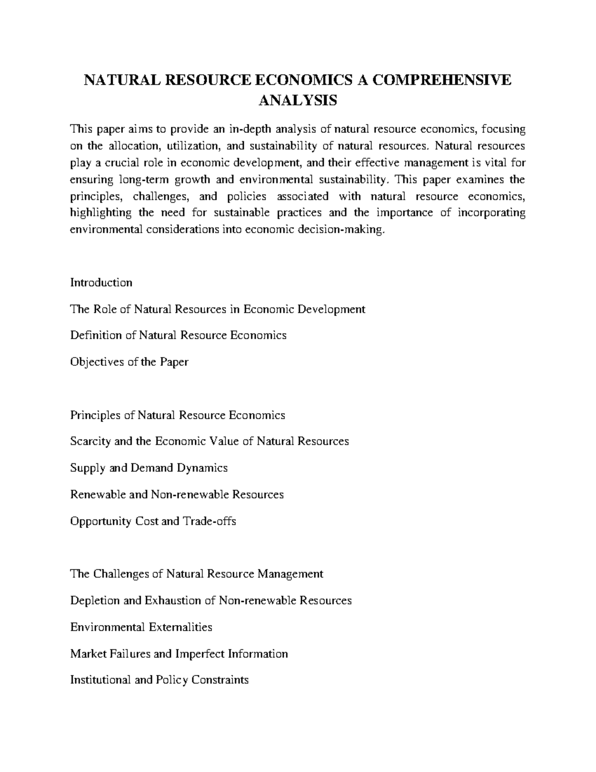 Natural Resource Economics A Comprehensive Analysis - NATURAL RESOURCE ...