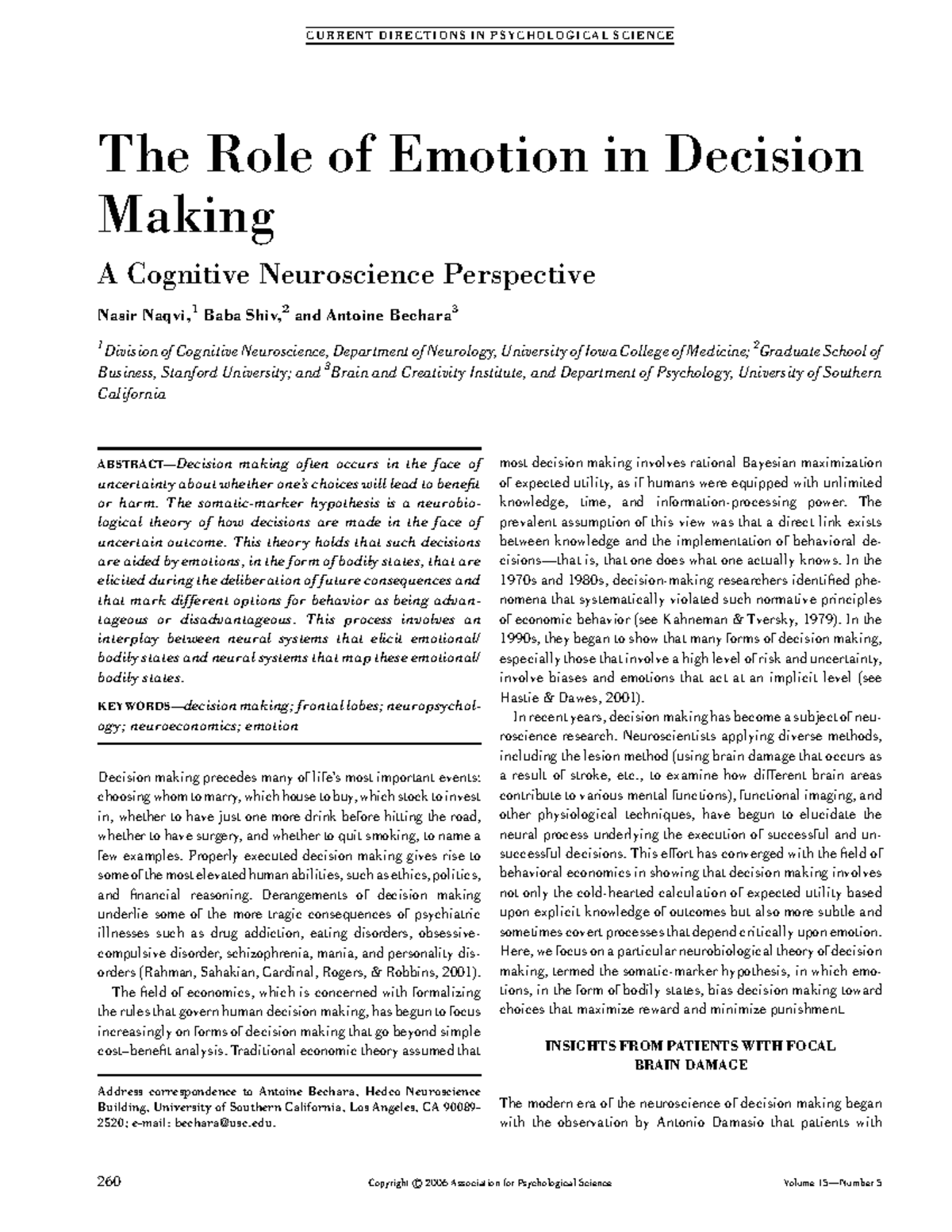 The Role of Emotion in Decision Bechara Antonio - The Role of Emotion ...
