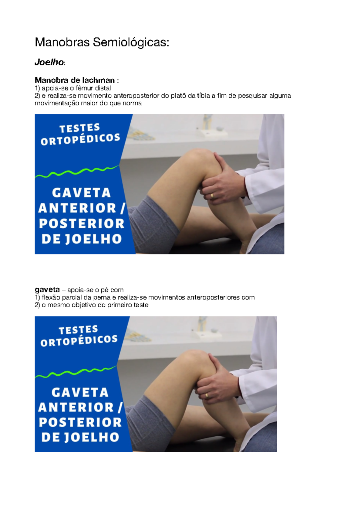 Manobras semiológicas - Manobras Semiológicas: Joelho : Manobra de ...
