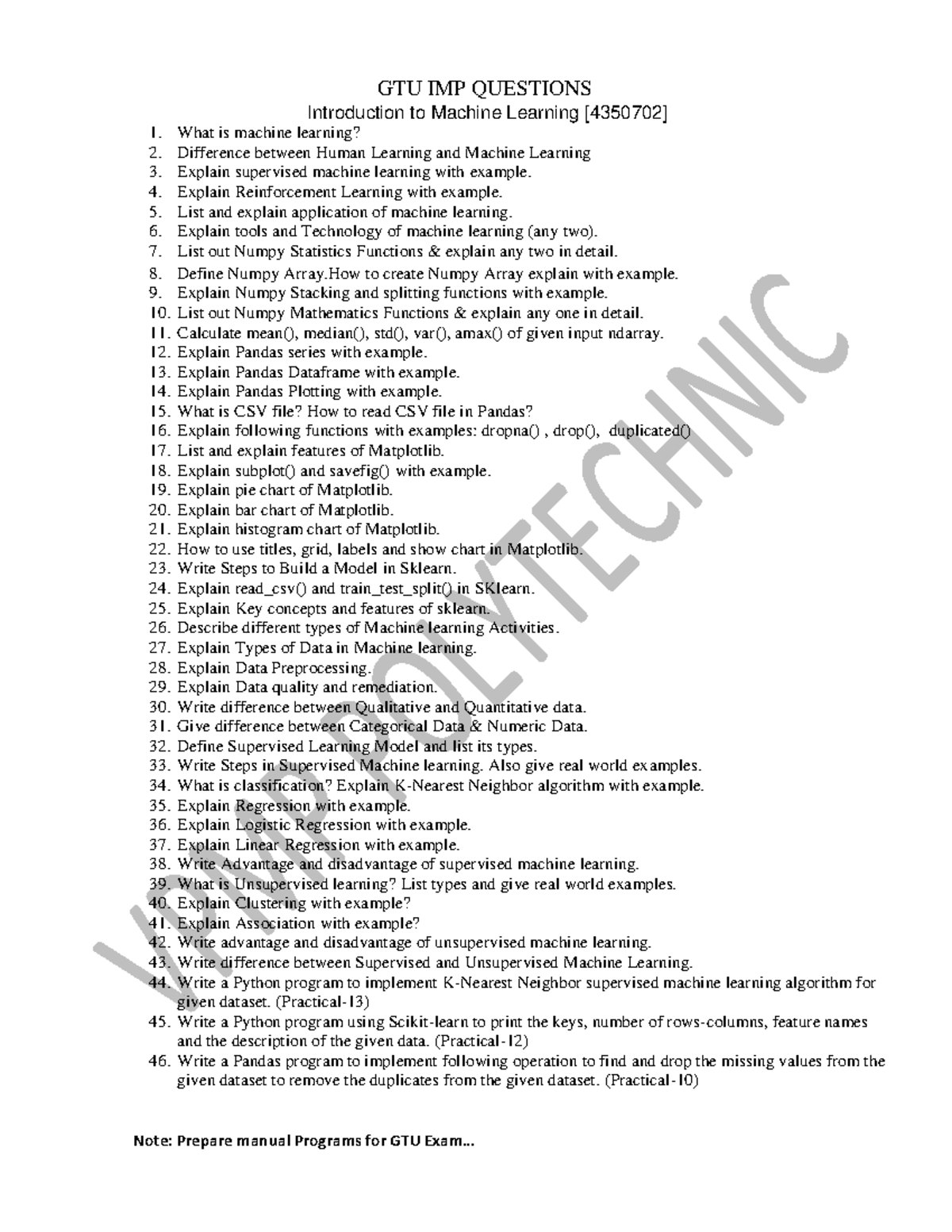 Iml gtu imp - Gtu important - GTU IMP QUESTIONS Introduction to Machine ...