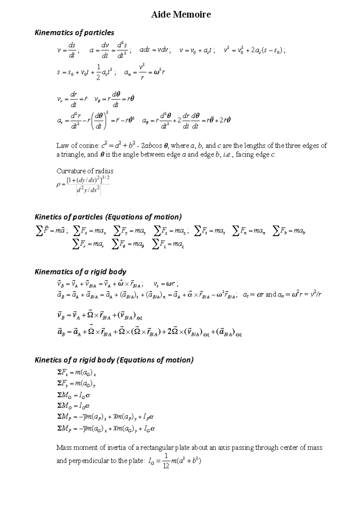Formula Sheet - Modified - Aide Memoire Kinematics of particles v = ds ...