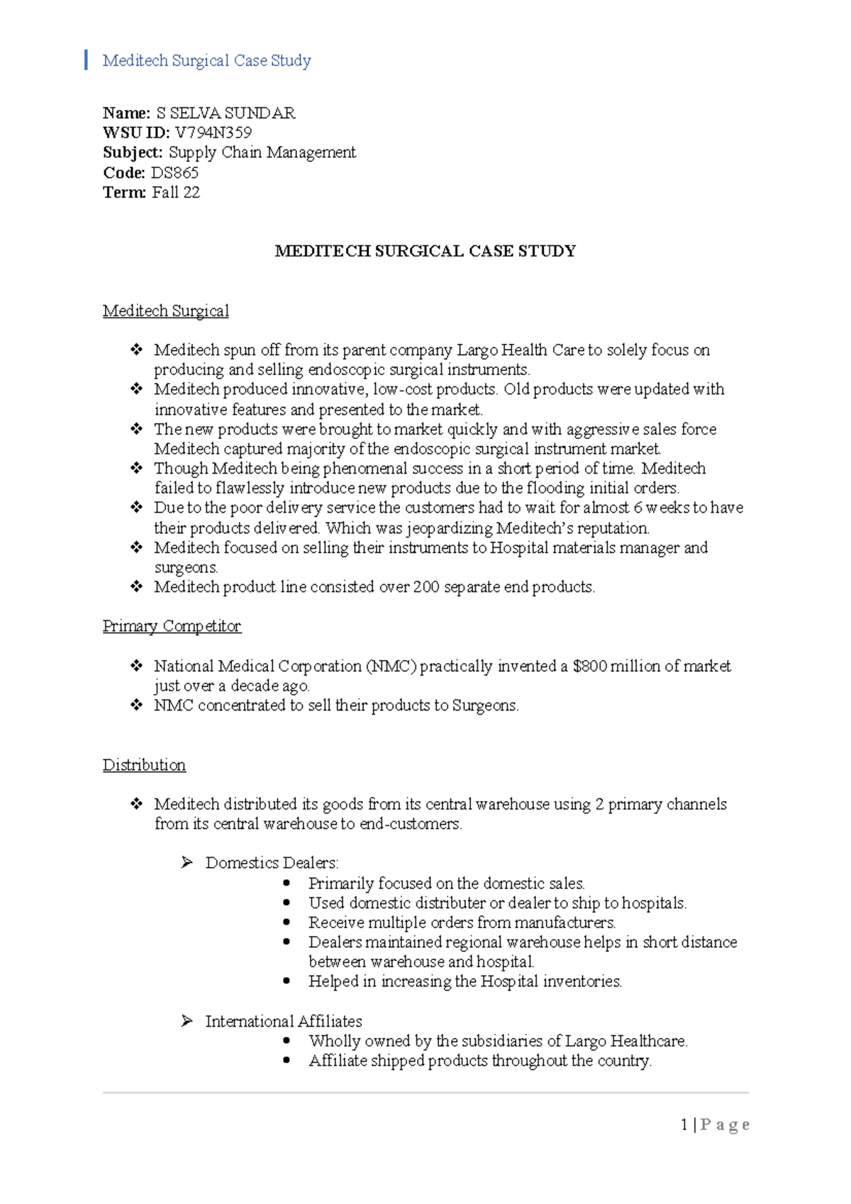 Case Study 1 - Meditech Surgical - Name: S SELVA SUNDAR WSU ID: V794N ...
