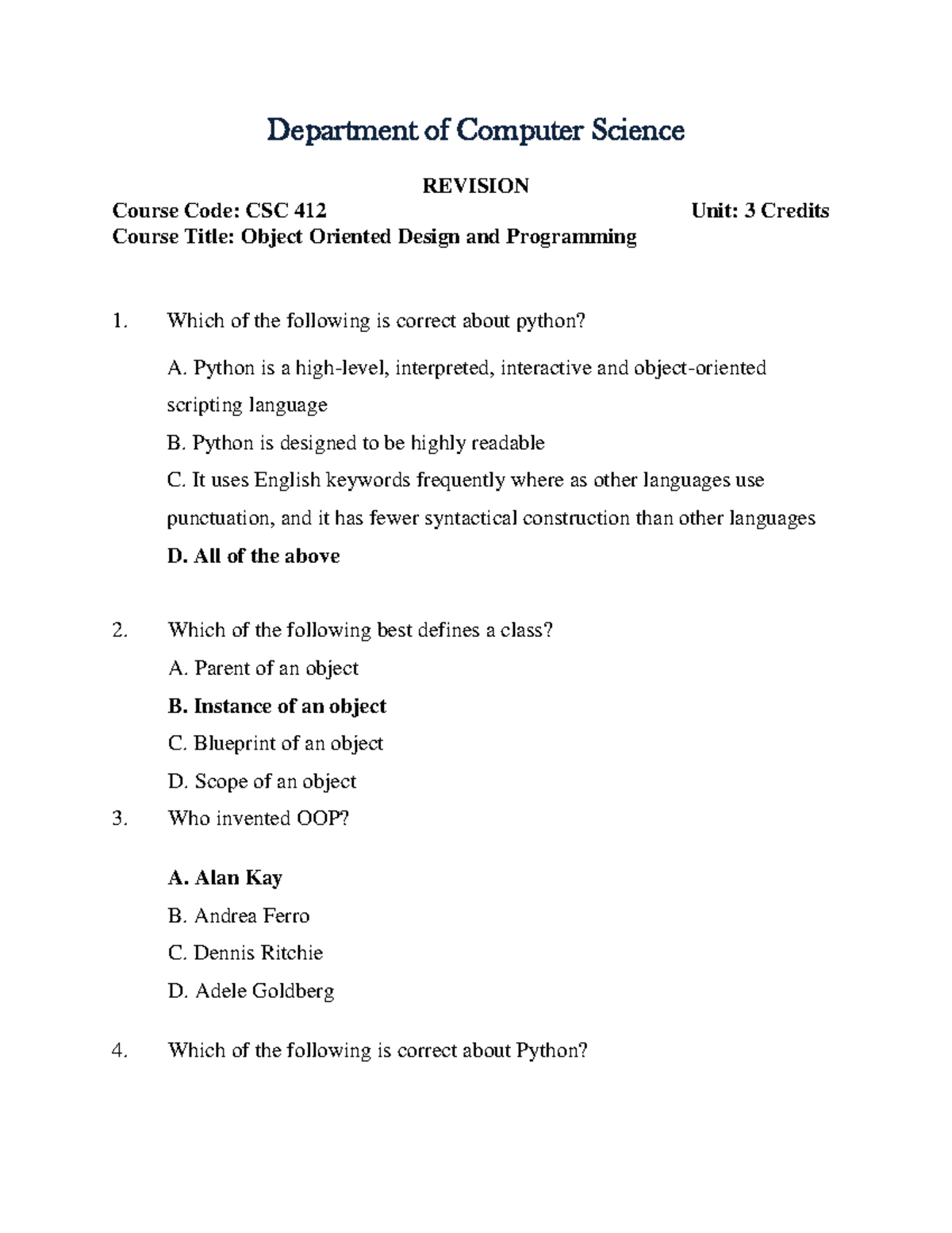 oop multiple choice question - Warning: TT: undefined function: 32 Department of Computer ...