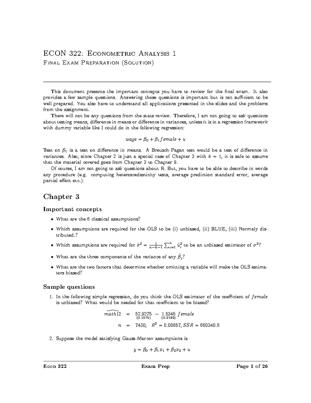 Exam Prep Sol - Content - ECON 322: Econometric Analysis 1 Final Exam Preparation (Solution ...