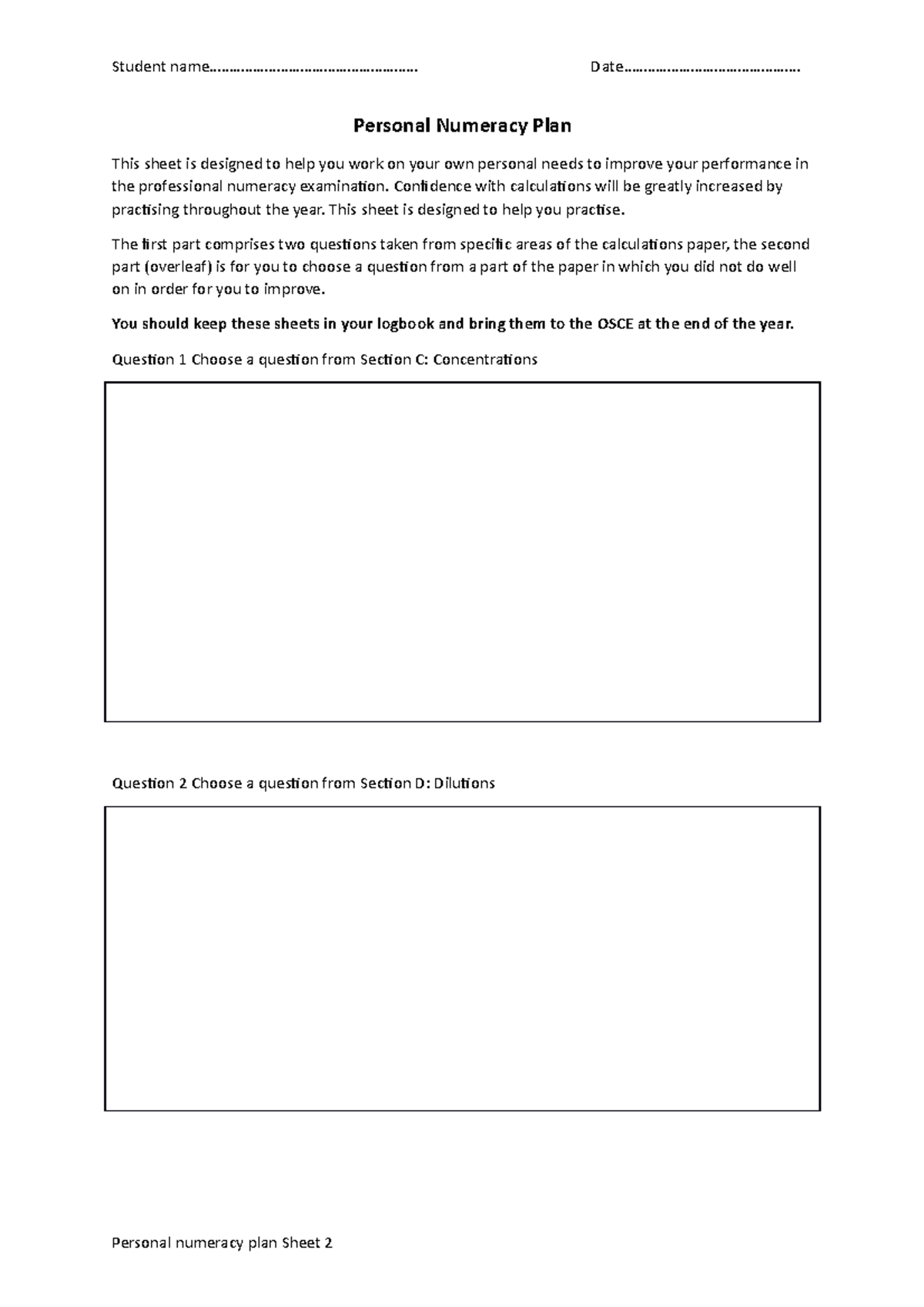 Personal Numeracy Plan sheet 2 - Student name