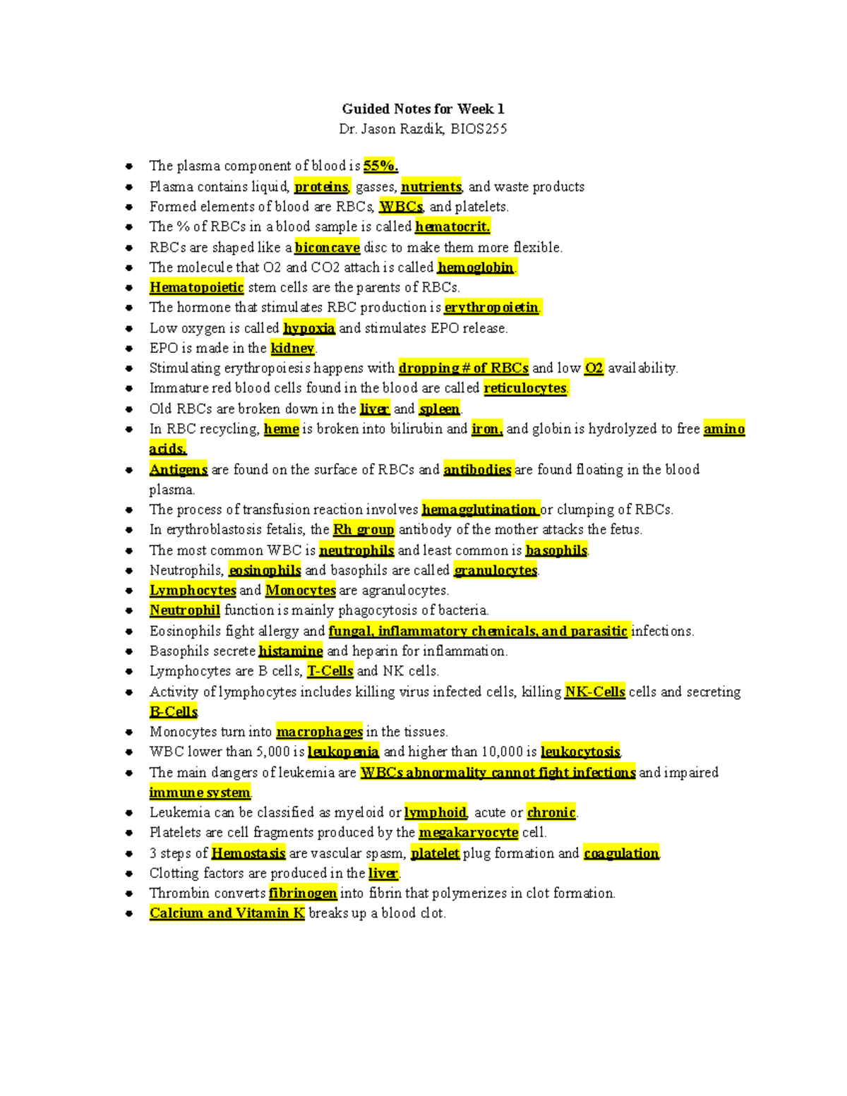 Week 1 A&P Guided Notes - Blood - Guided Notes for Week 1 Dr. Jason ...
