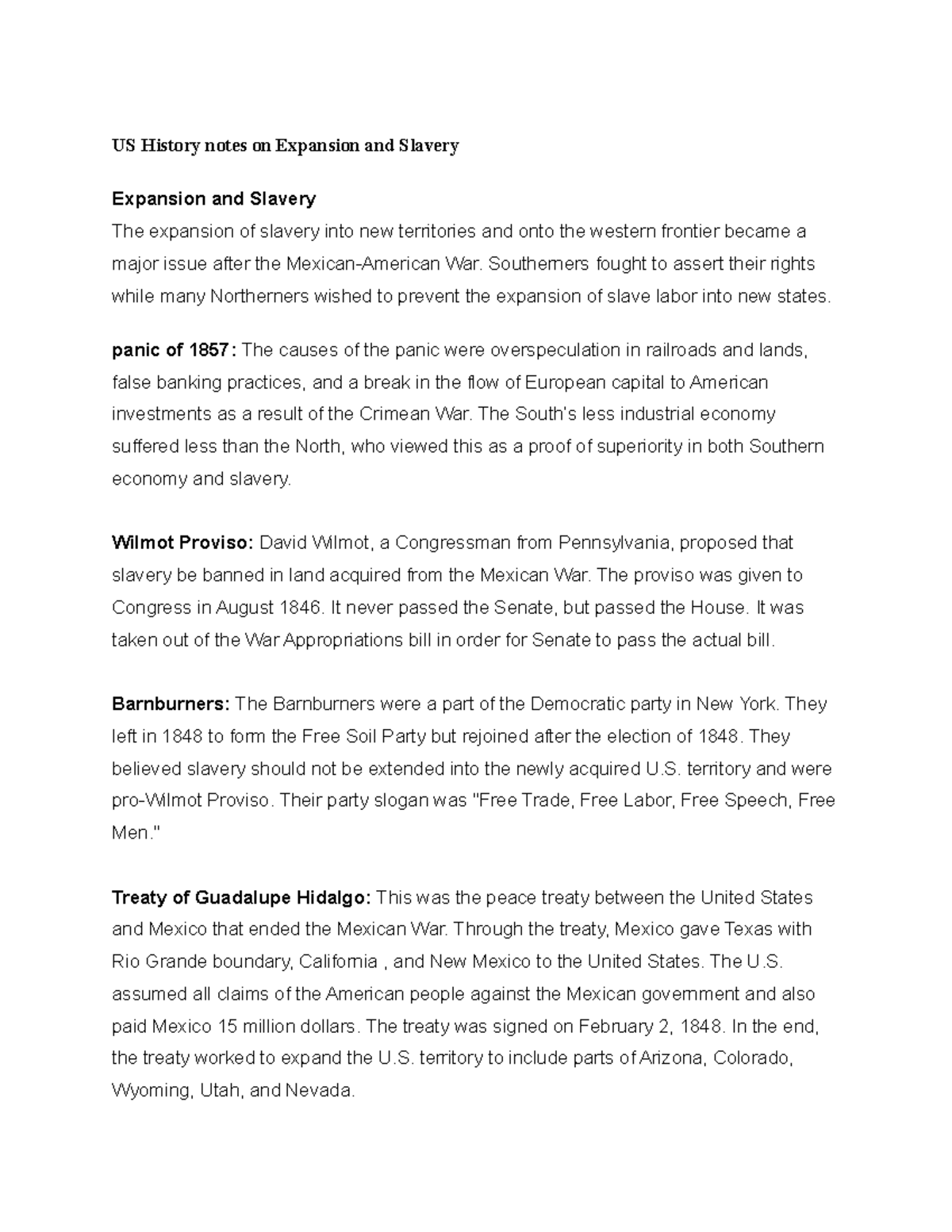 US History notes on Expansion and Slavery - US History notes on ...