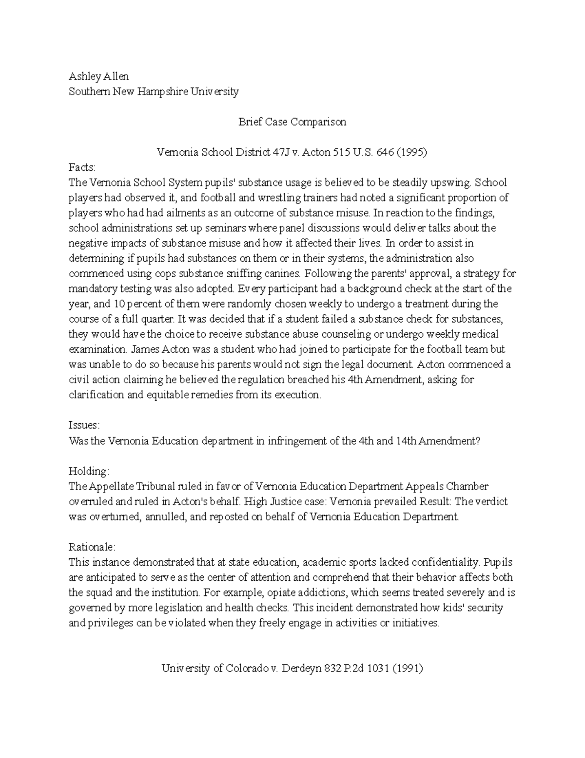 SPT 610 9-3 Case Brief Vernonia and University of Colorado Case ...