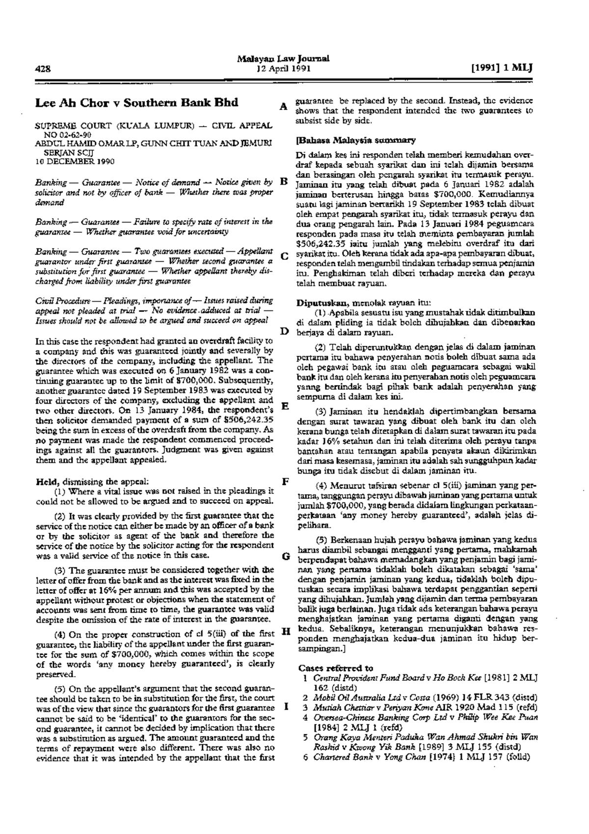 LEE AH CHOR v Southern BANK BHD - Foundation In Law - Studocu