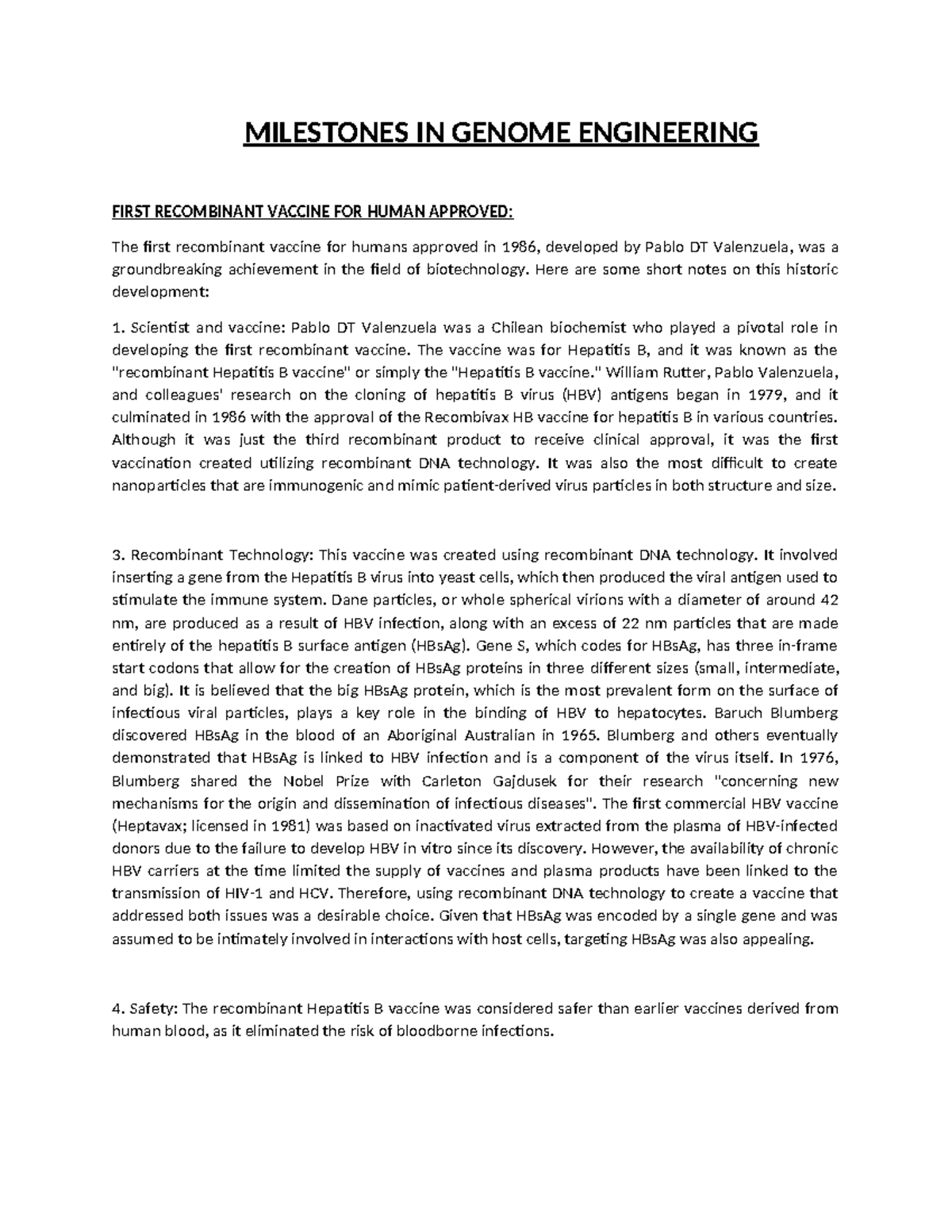 GE 123 - MILESTONES IN GENOME ENGINEERING FIRST RECOMBINANT VACCINE FOR ...