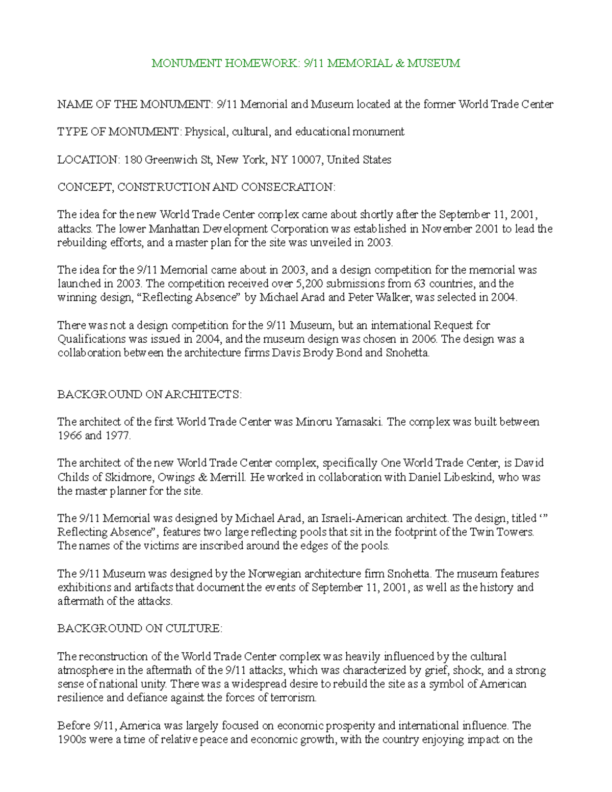 9-11 Monument Homework Template Revised Fall 2022 - MONUMENT HOMEWORK ...