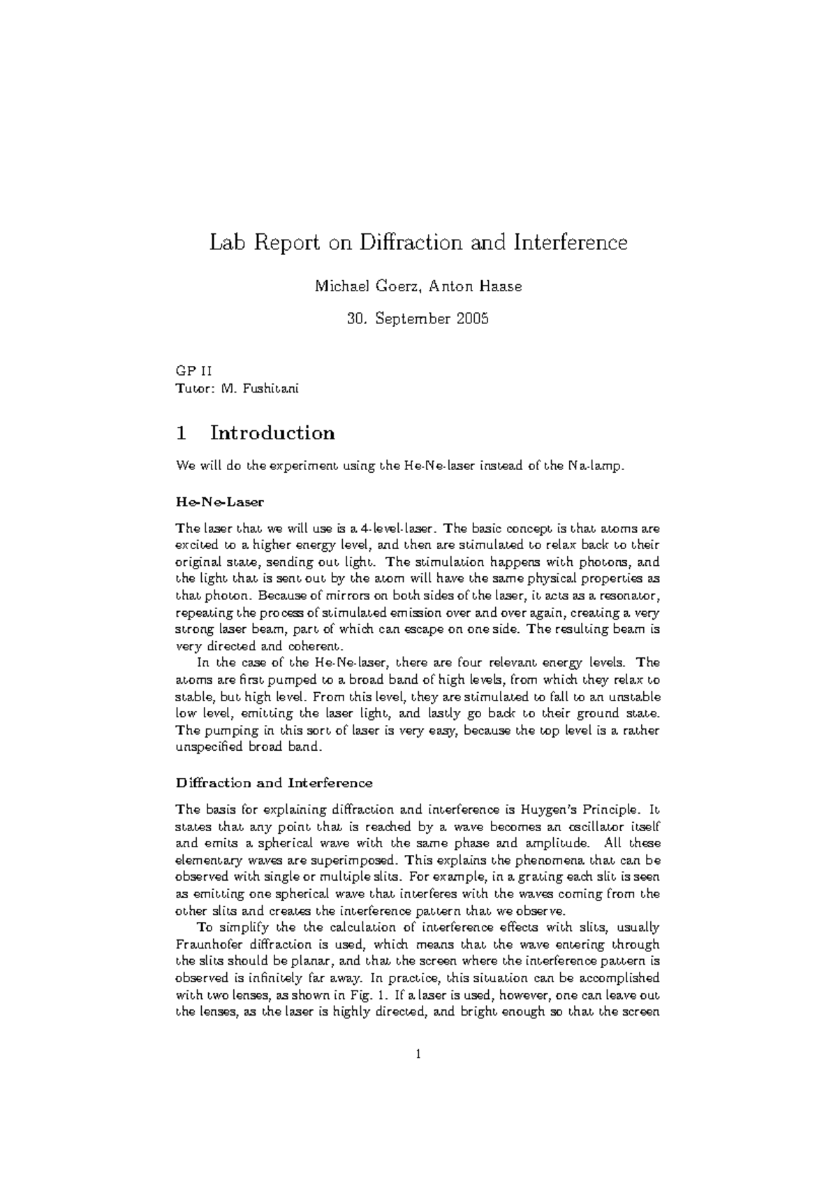 BEU report - Lab Report on Diffraction and Interference Michael Goerz ...