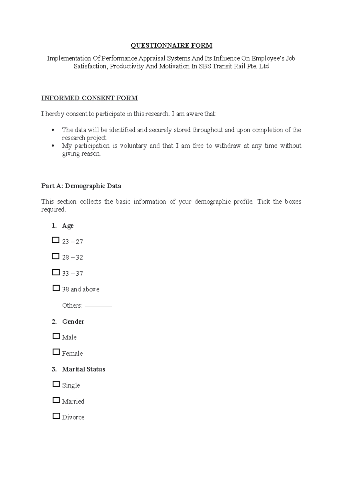Questionnaire - QUESTIONNAIRE FORM Implementation Of Performance ...