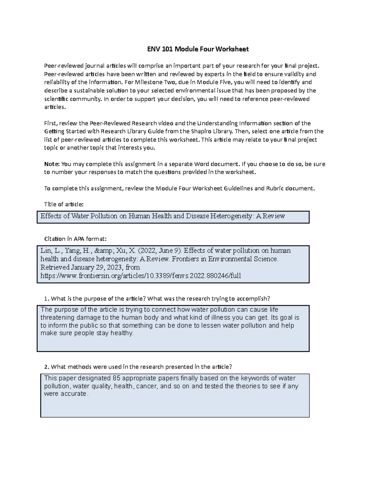 ENV 101 Module Four Worksheet - ENV 101 Module Four Worksheet Peer ...