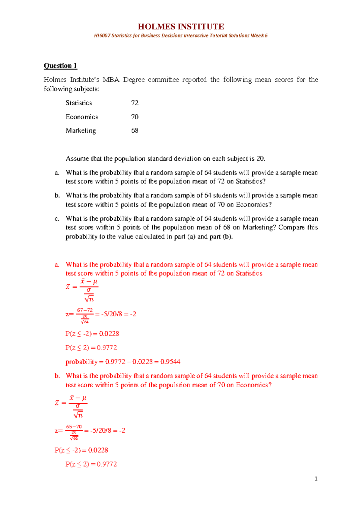 HI6007 Week 6 Interactive Tutorial Solutions - HOLMES INSTITUTE HI6007 Statistics for Business ...