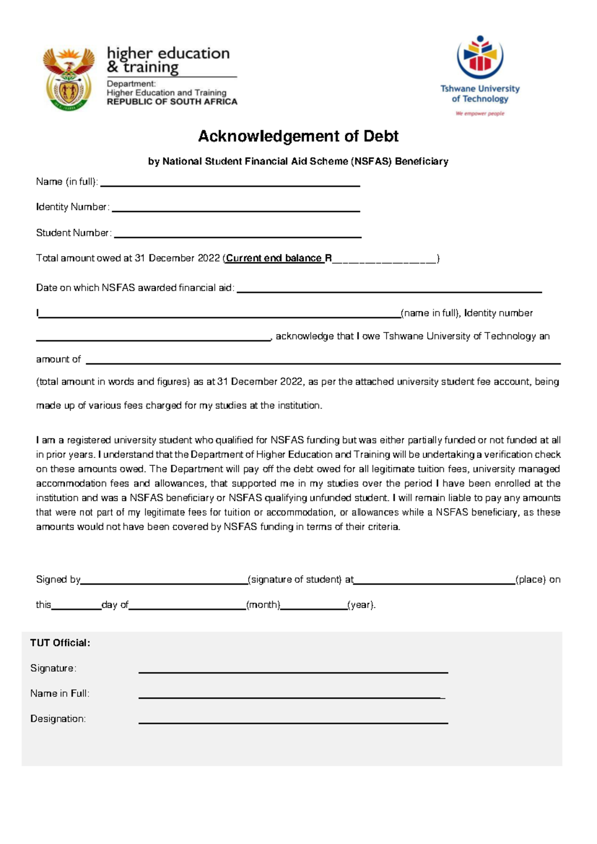 Nsfas-AOD - Assignment notes - Acknowledgement of Debt by National ...