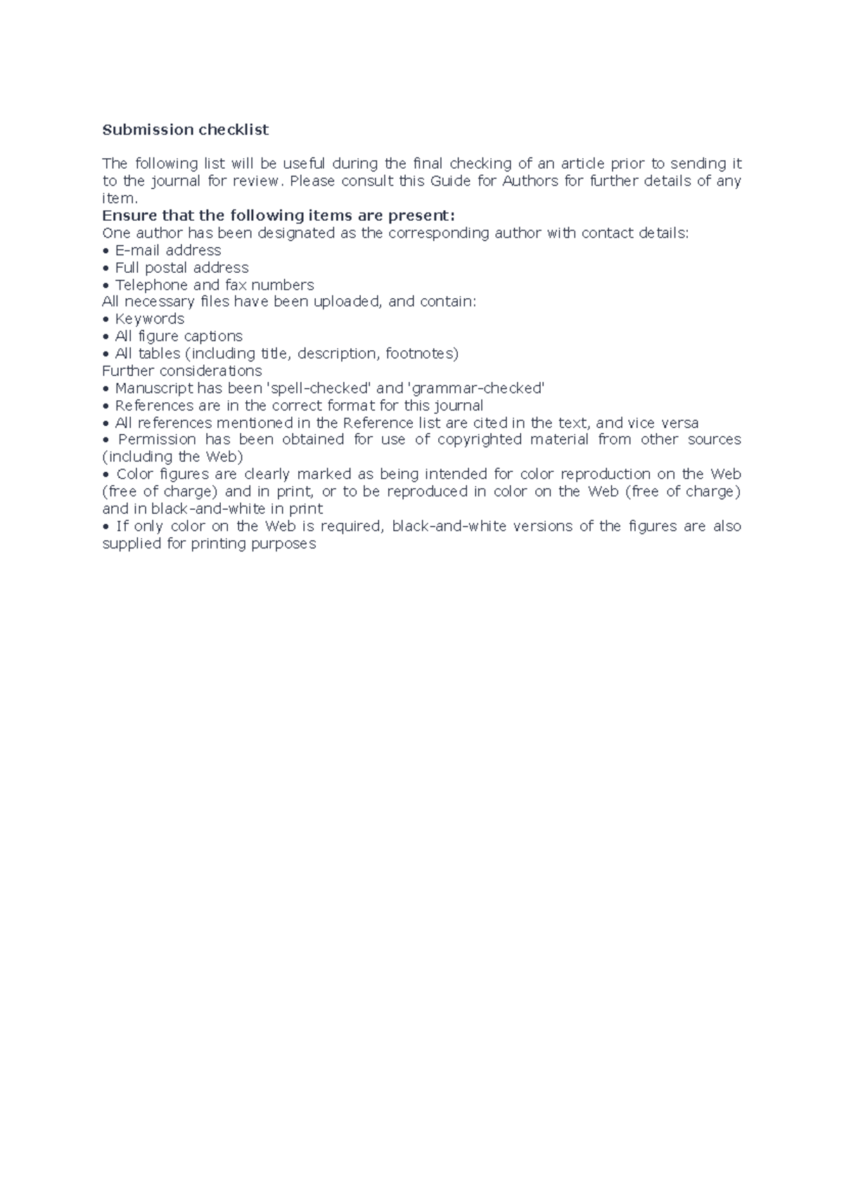 Submission checklist - N/A - Submission checklist The following list ...