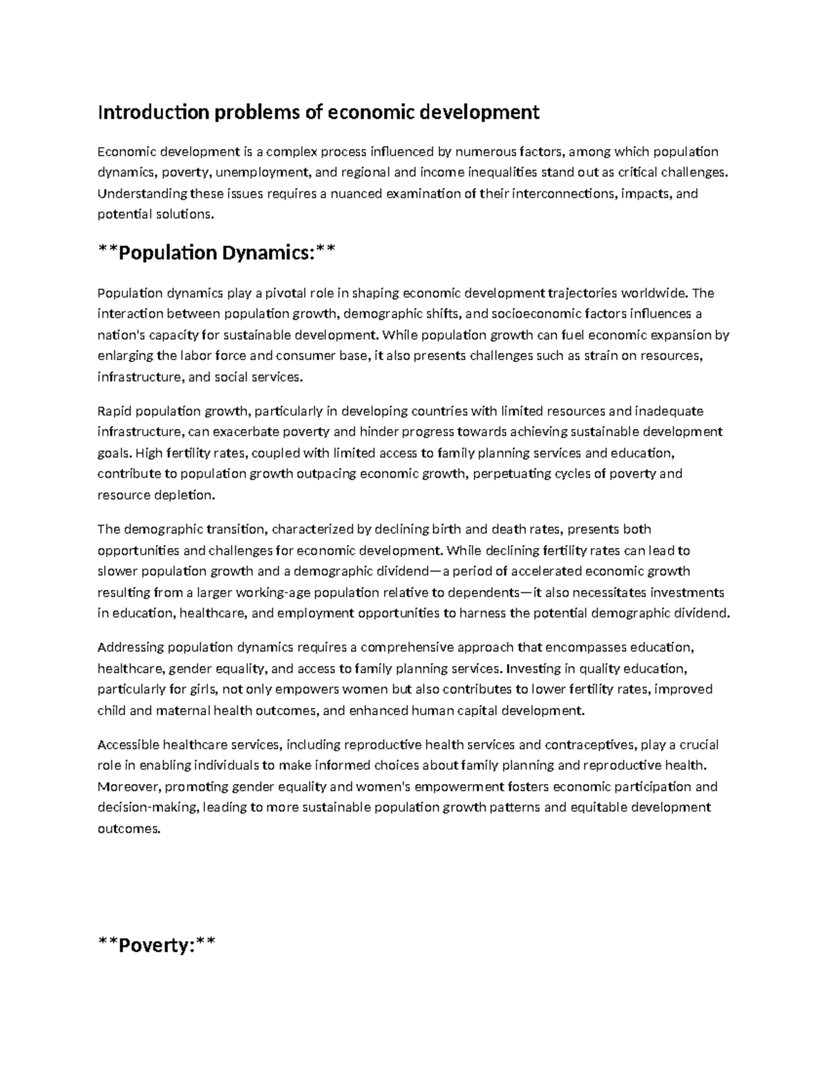 Introduction problems of economic development - Understanding these issues requires a nuanced ...