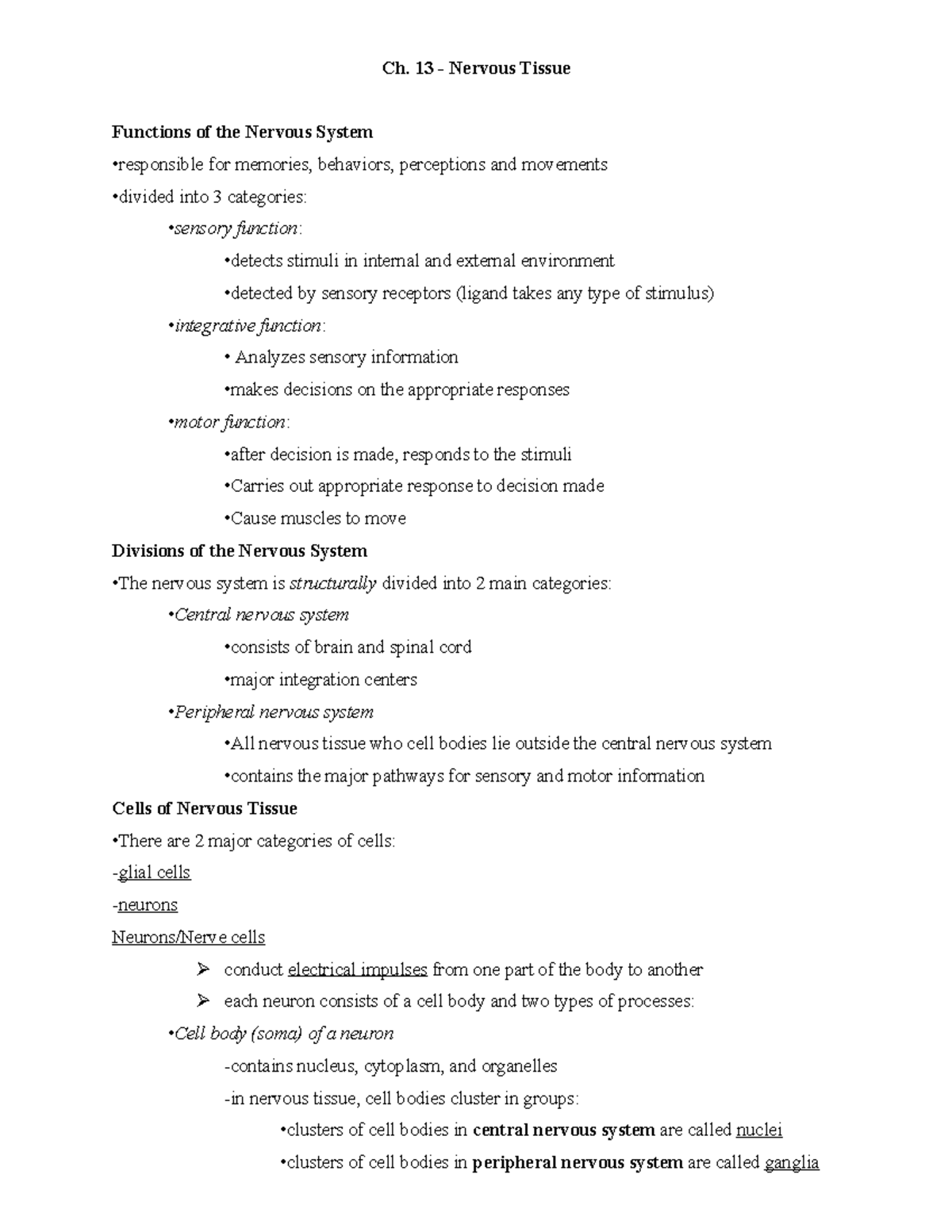 Ch 13 Notes Nervous Tissue - Ch. 13 - Nervous Tissue Functions of the ...