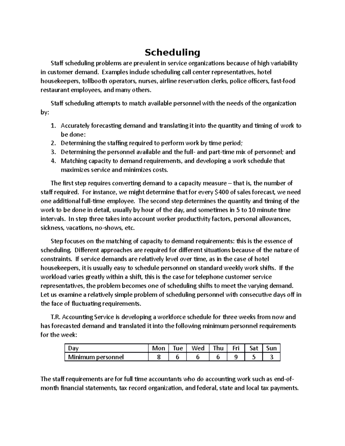 Scheduling Worksheet with answers - Copy - Scheduling Staf scheduling ...