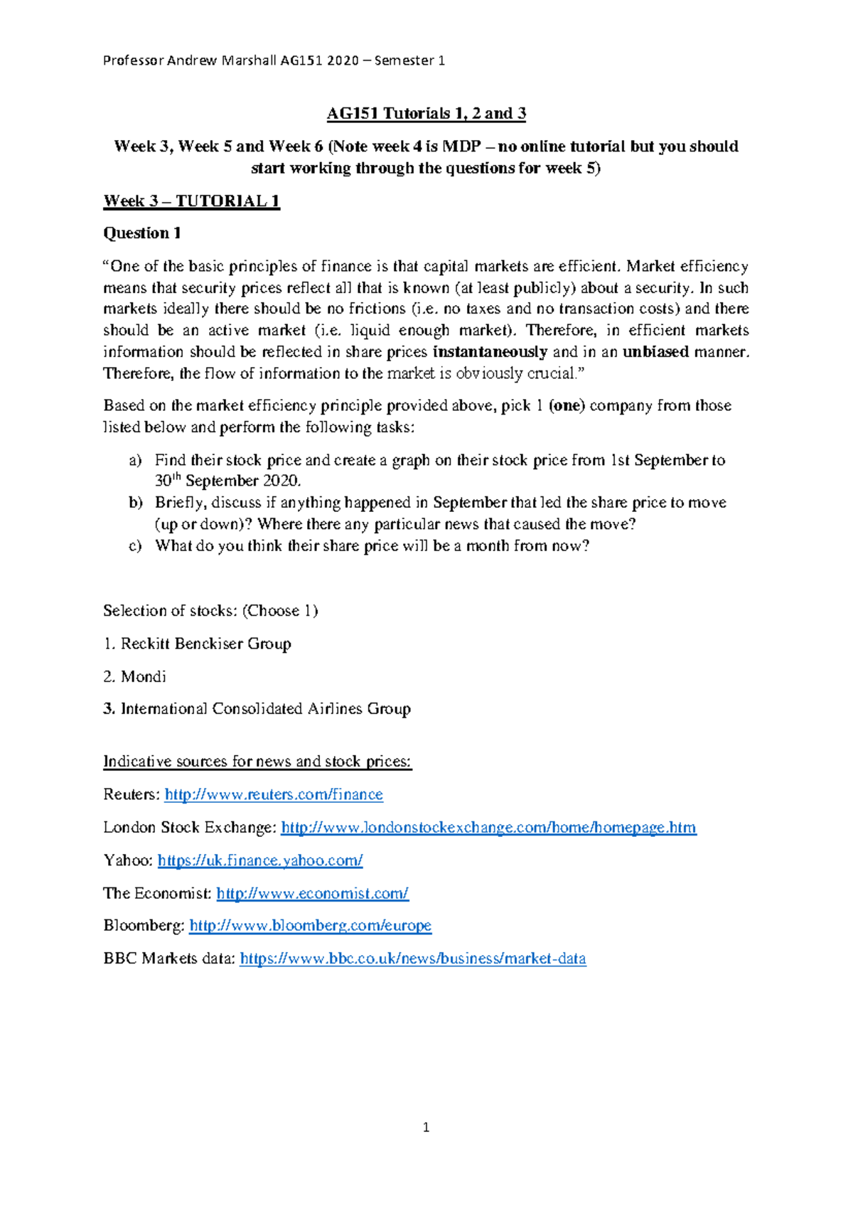 Tutorial 1, 2 and 3- AG151 - 2020 - Semester 1 - AG151 Tutorials 1, 2 and 3 Week 3, Week 5 and ...