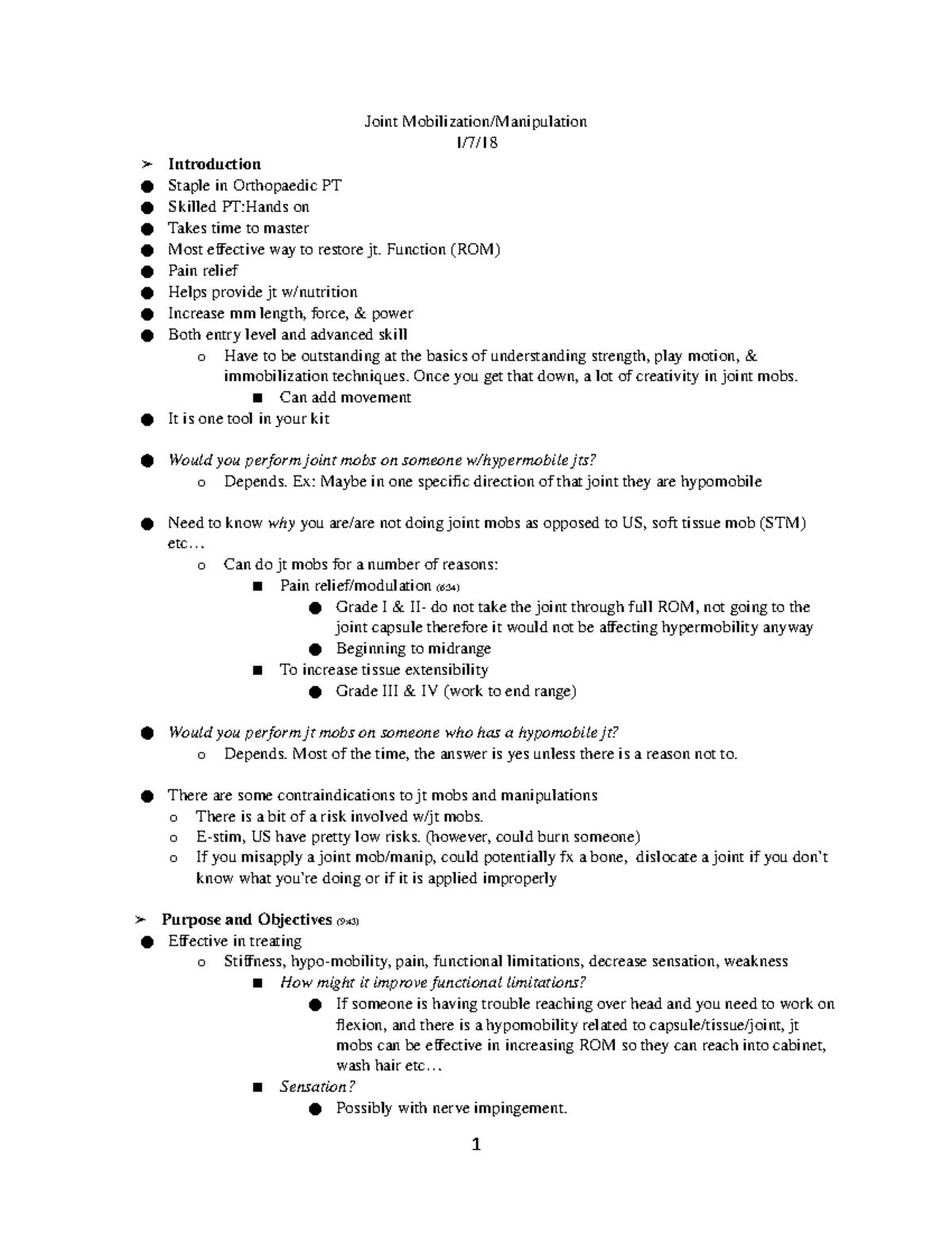 Joint Mobilization - Lecture notes week 1 - Joint Mobilization ...