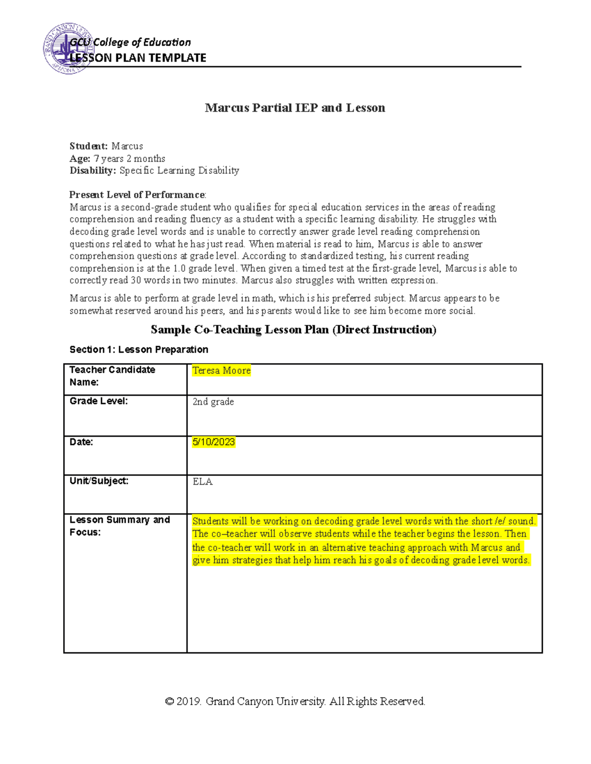 SPD 550 RS Marcus Partial IEP and Lesson - LESSON PLAN TEMPLATE Marcus ...