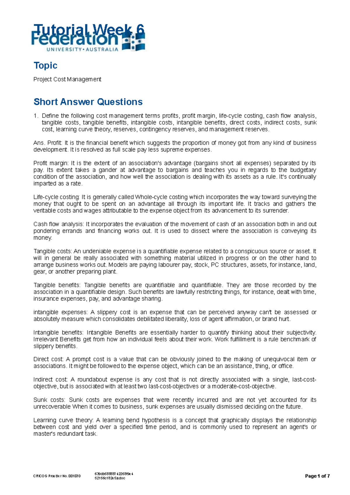06 tutorial - Lecture notes 1 - Topic Project Cost Management Short ...