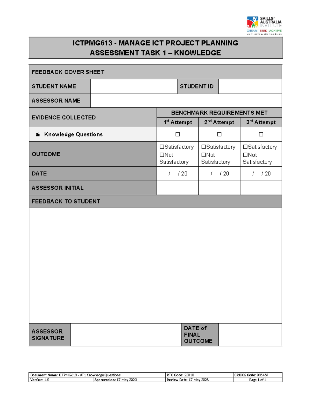 Ictpmg 613 - AT1 Knowledge Questions - ICTPMG613 - MANAGE ICT PROJECT ...