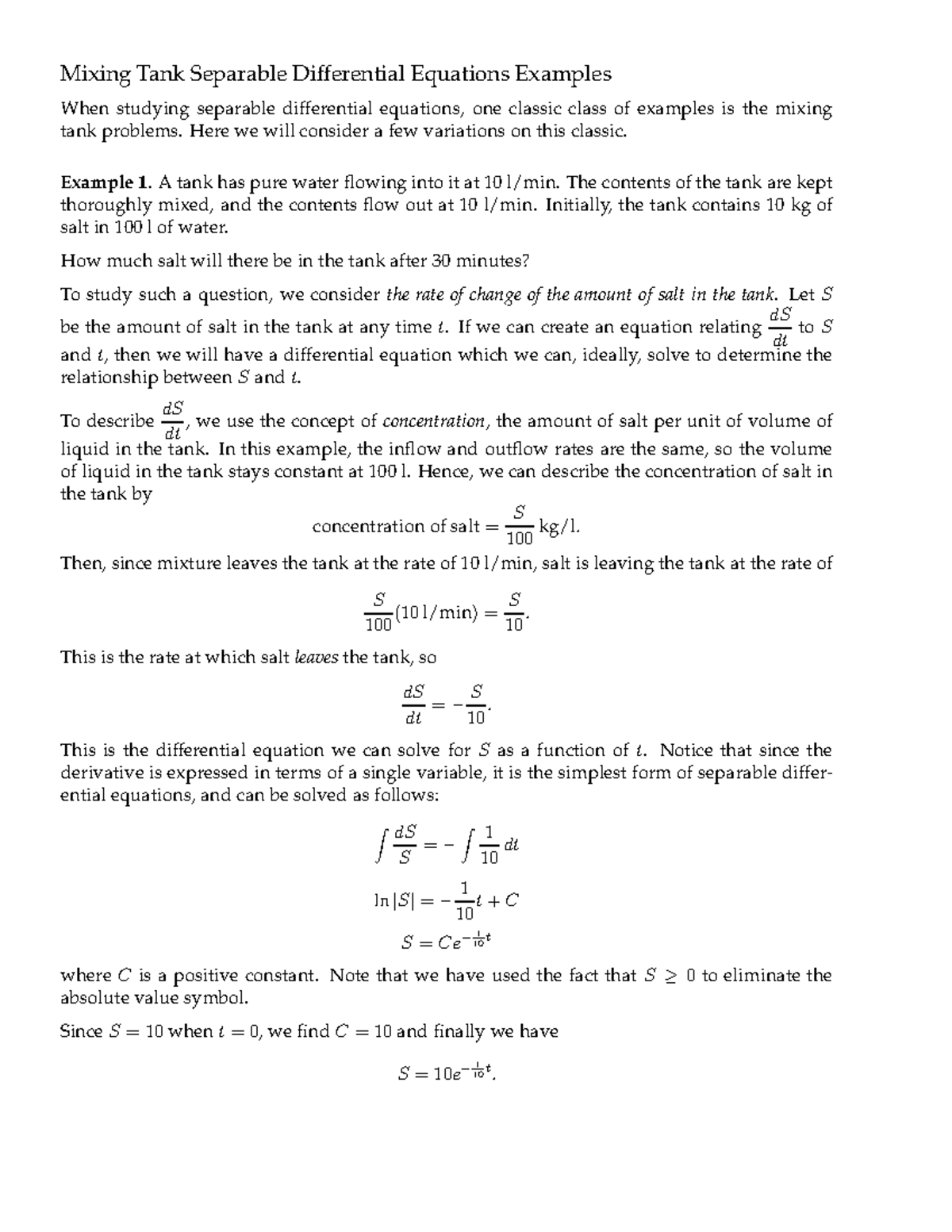 Mixing Tank Examples 01 - Mixing Tank Separable Differential Equations ...