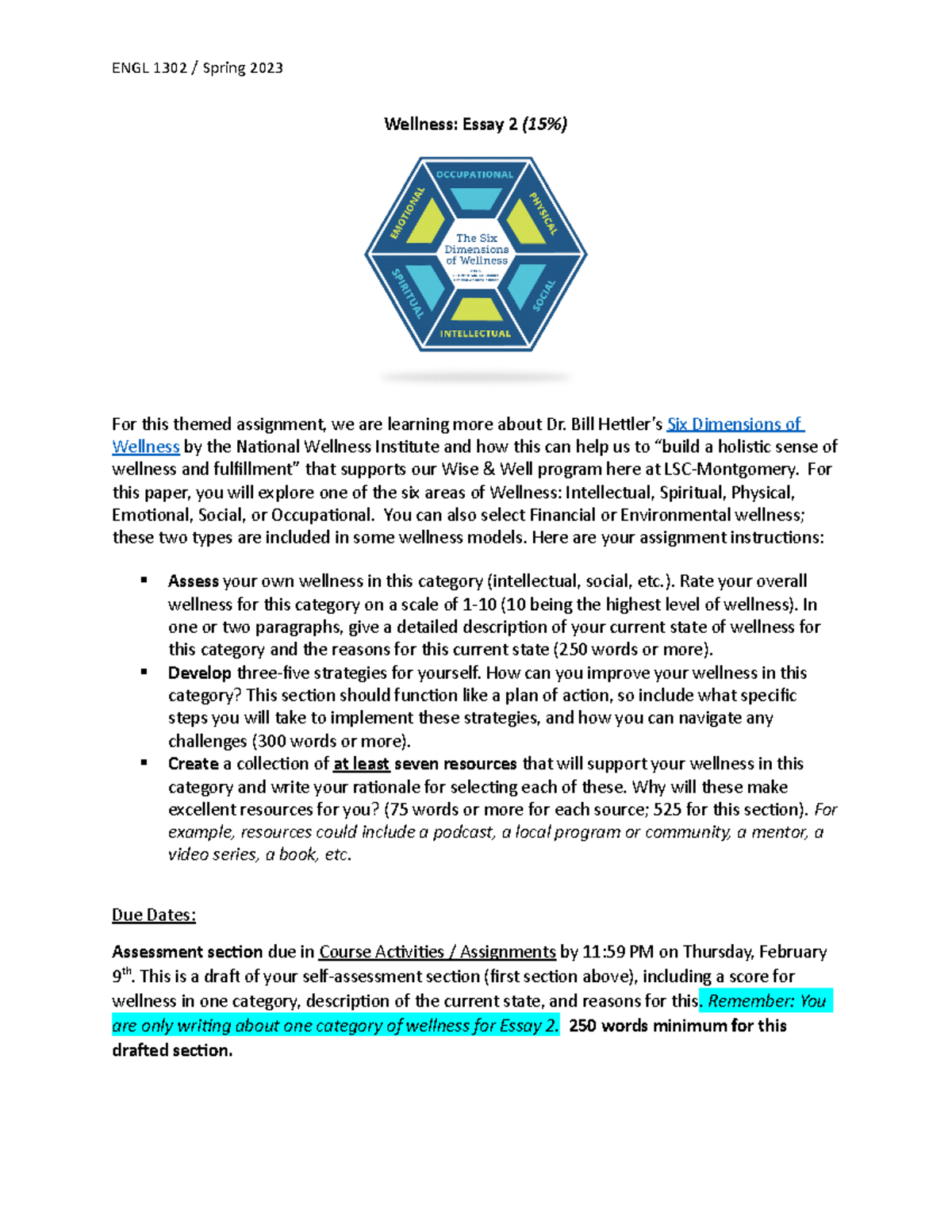 1302.Essay 2. Wellness.Assessment - ENGL 1302 / Spring 2023 Wellness ...