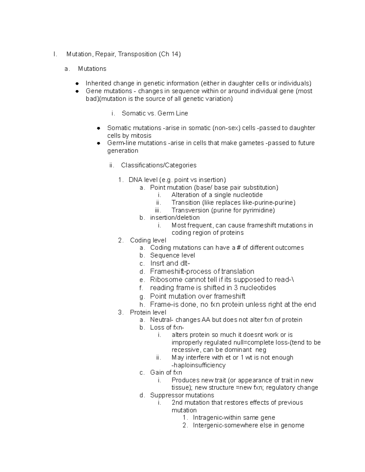 Genetics exam 5 (final) study guide - I. Mutation, Repair ...