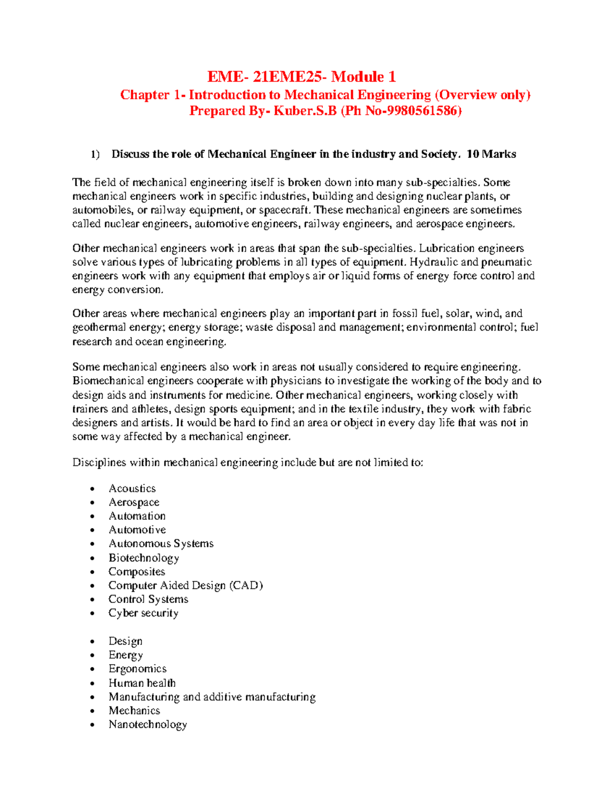 EME-Module 1-1st chapter-21EME25 - EME- 21EME25- Module 1 Chapter 1- Introduction to Mechanical ...