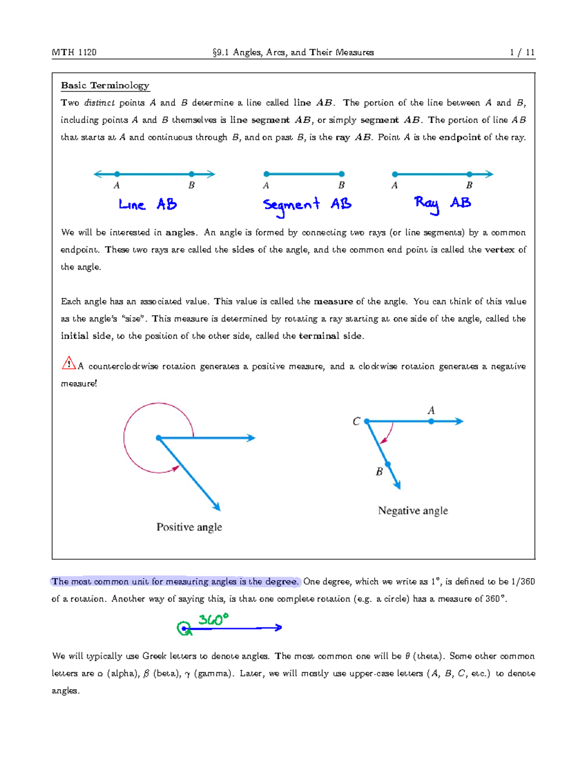 9.1 (Annotated) Angles, Arcs, Their Measures-1 - Basic Terminology Two distinct points A and B ...