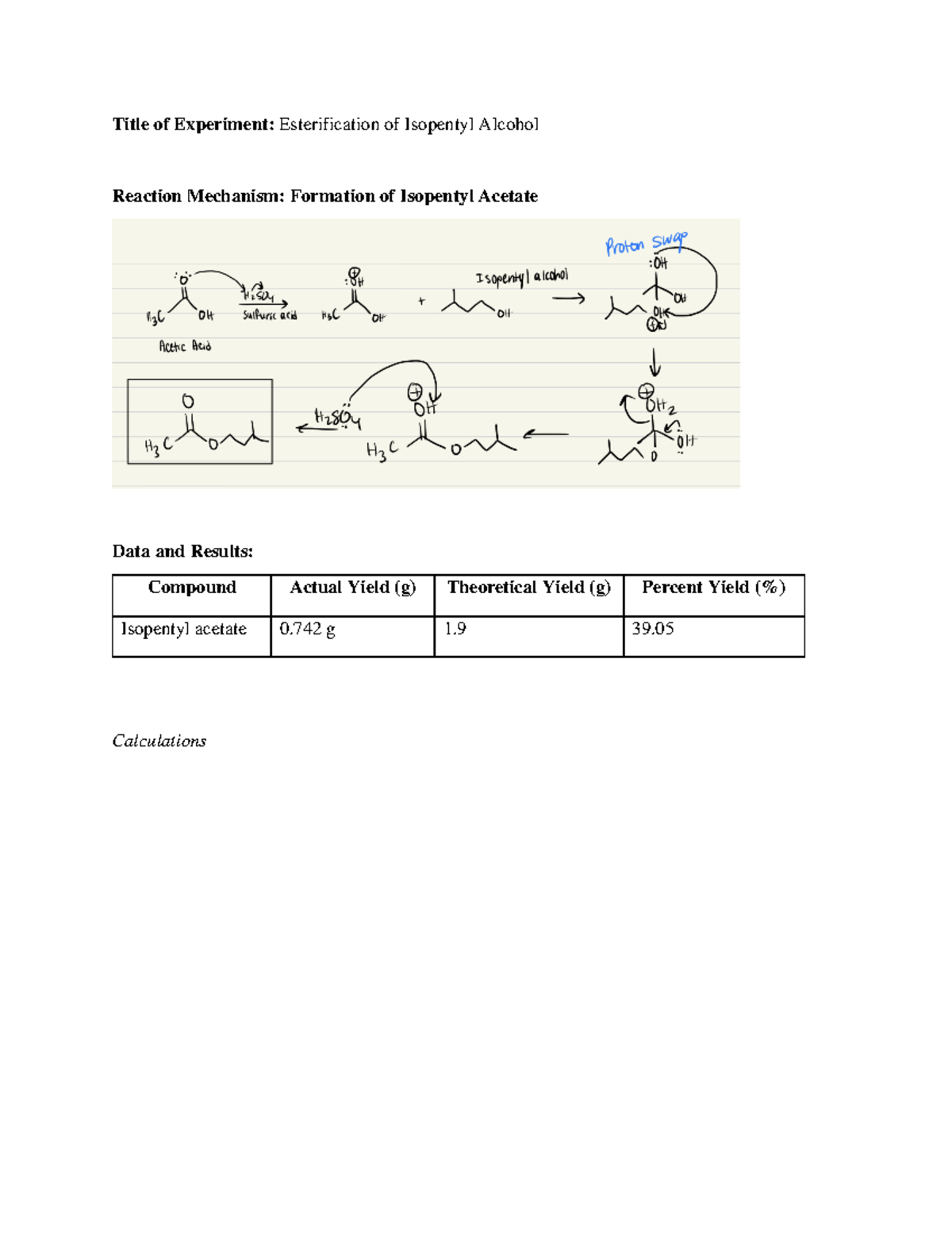 Esterification Lab Report - Title of Experiment: Esterification of Isopentyl Alcohol Reaction ...
