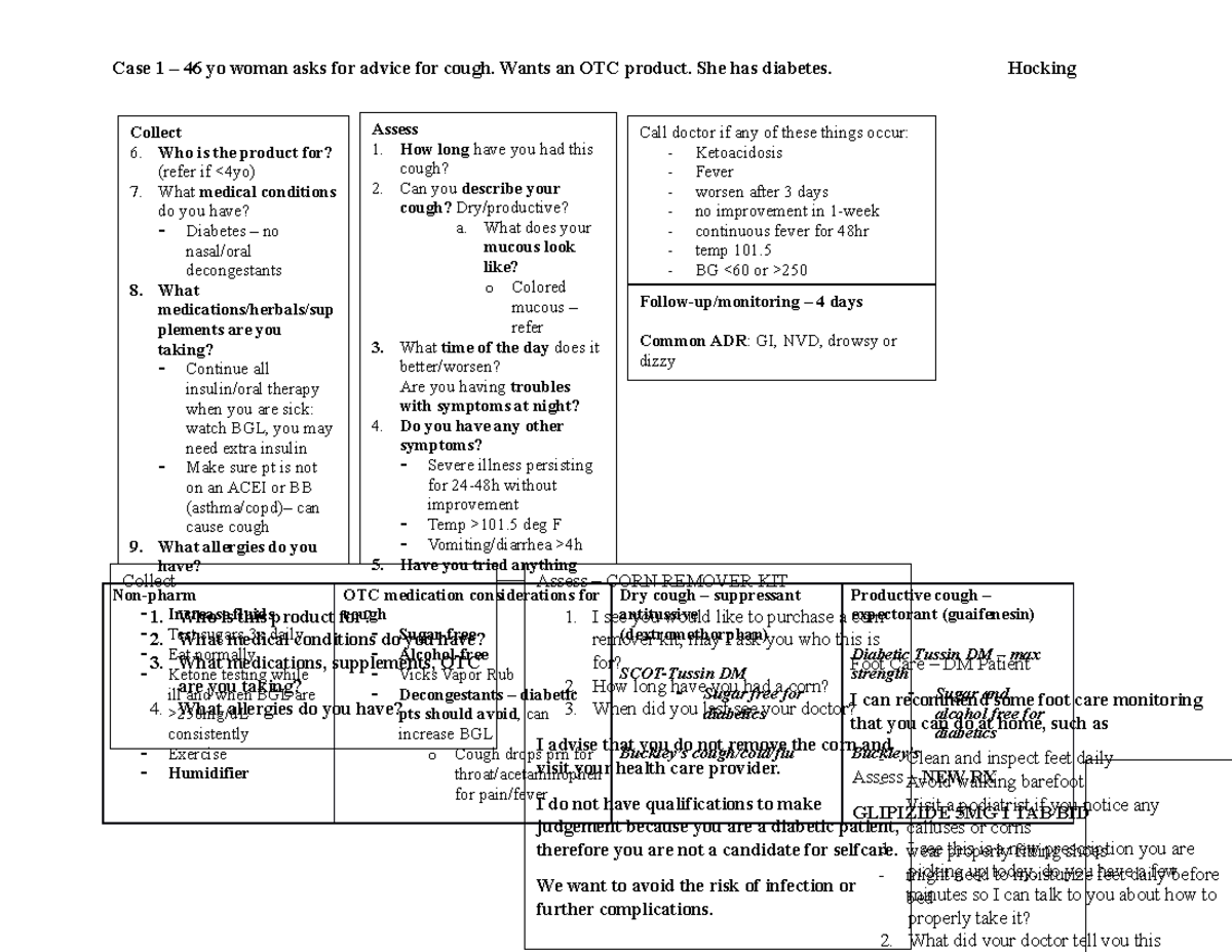 Self care Diabetes Management Case 1 and 2 - Case 1 – 46 yo woman asks ...