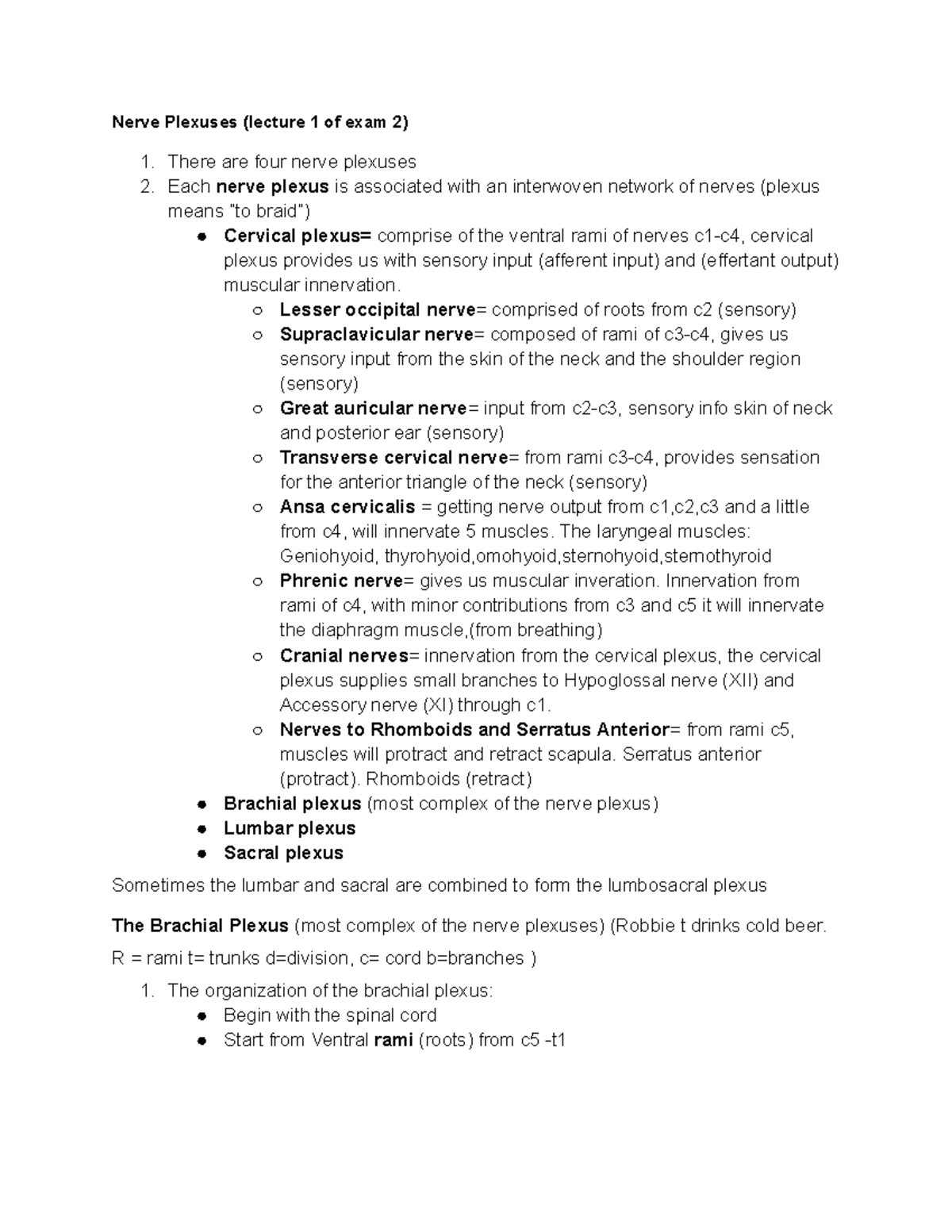Lecture 8 Nerve Plexuses - Nerve Plexuses (lecture 1 of exam 2) There ...