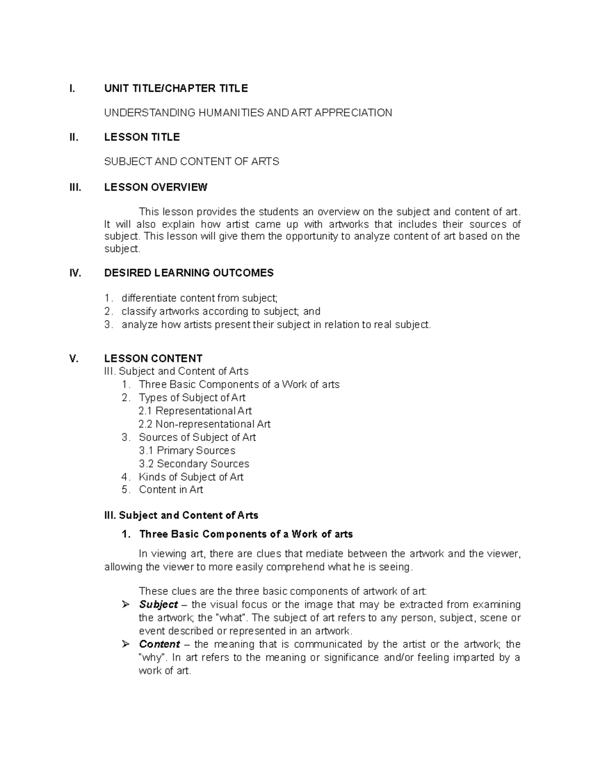 Arts m3 - for your reference - I. UNIT TITLE/CHAPTER TITLE ...